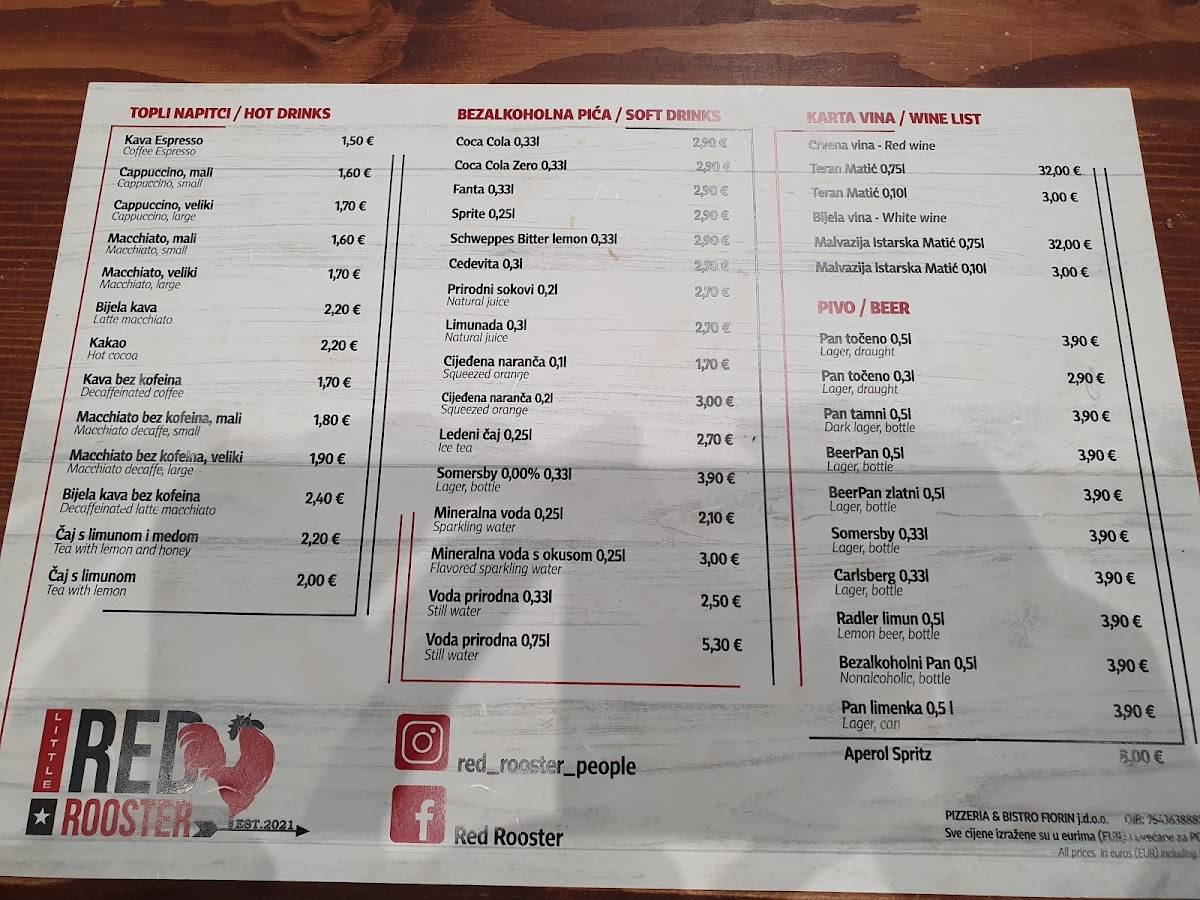 Menu da Pizzeria Little Red Rooster, Pola