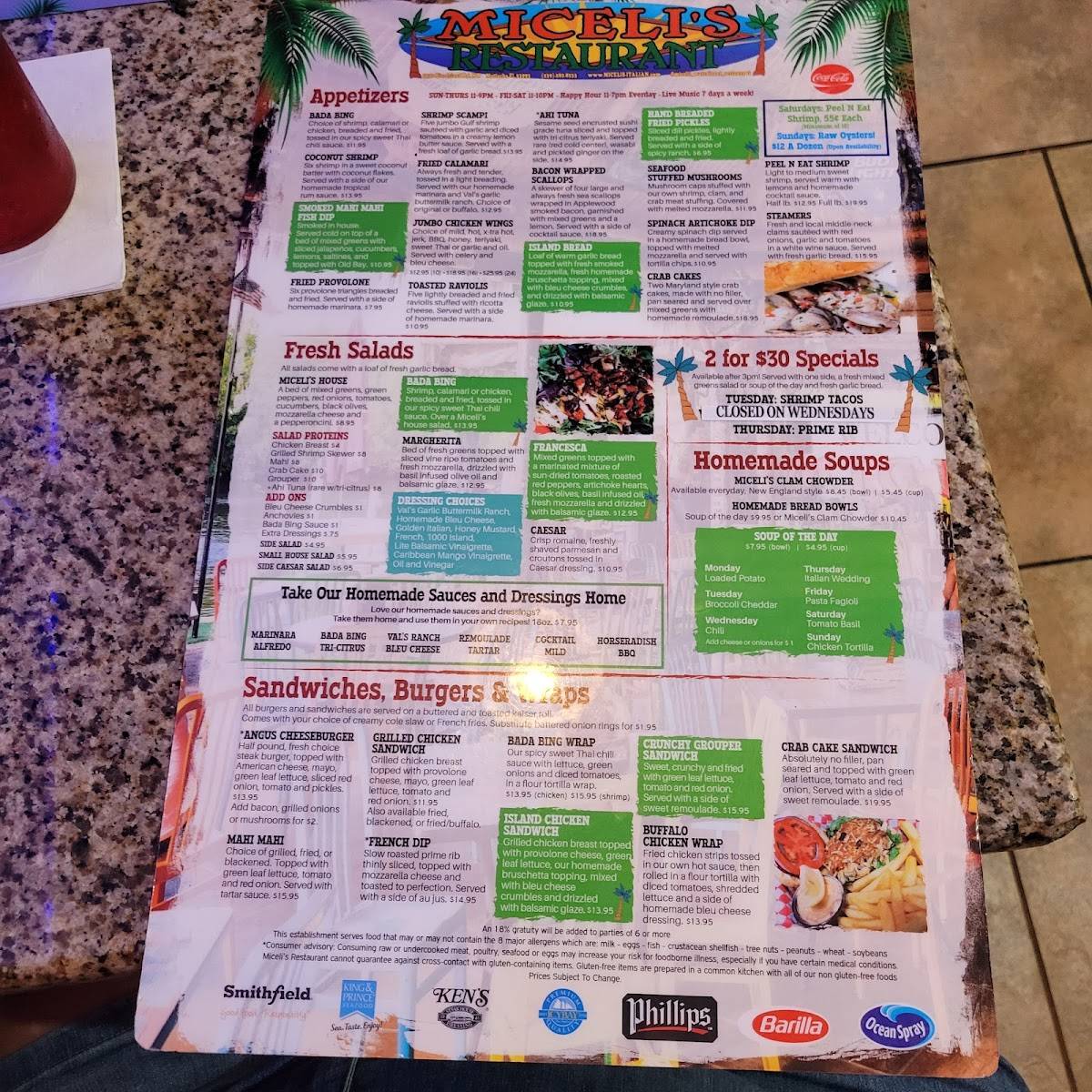 Menu at Miceli's Restaurant, Matlacha