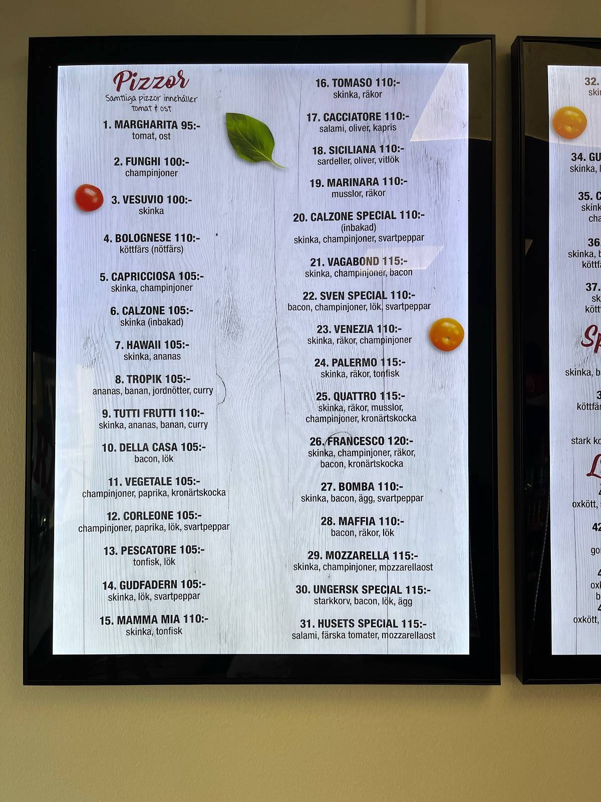 Menu at Pizzeria Modena, Malmö, Sveagatan 67