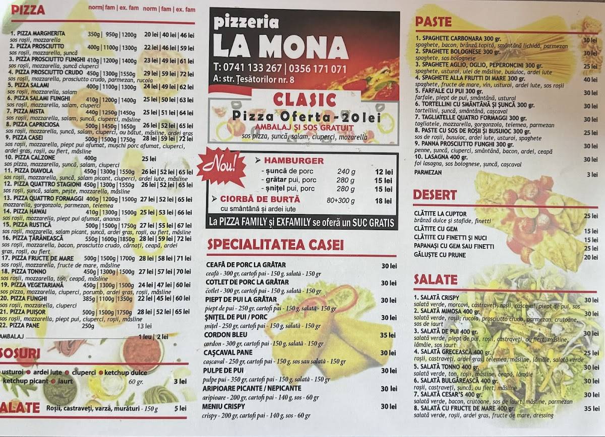 Menu at Pizzeria Mona, Lugoj