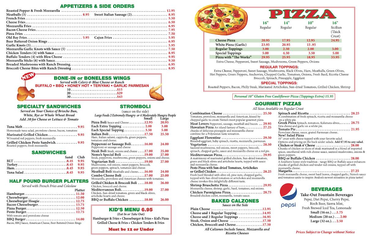 Menu at Nemo's Pizza & Family Restaurant, Avalon