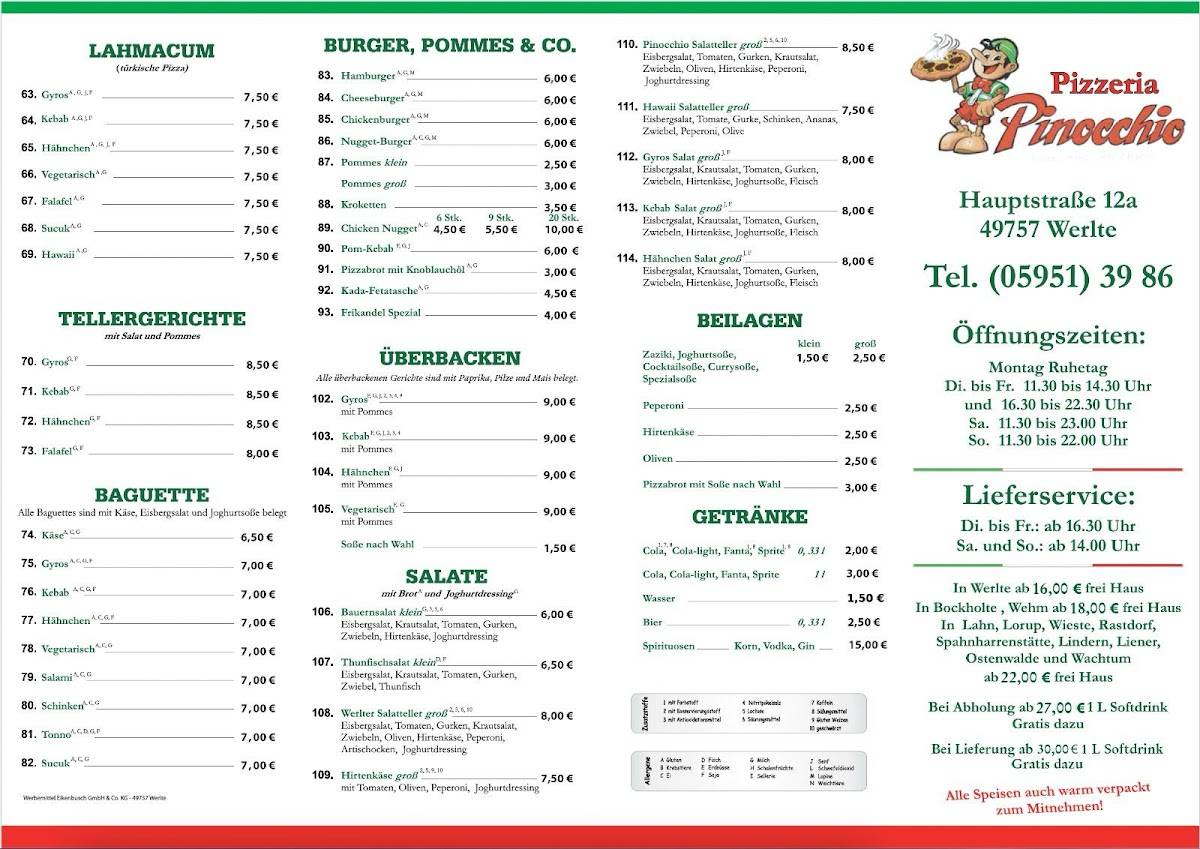 Menu at Pizzeria Pinocchio, Werlte