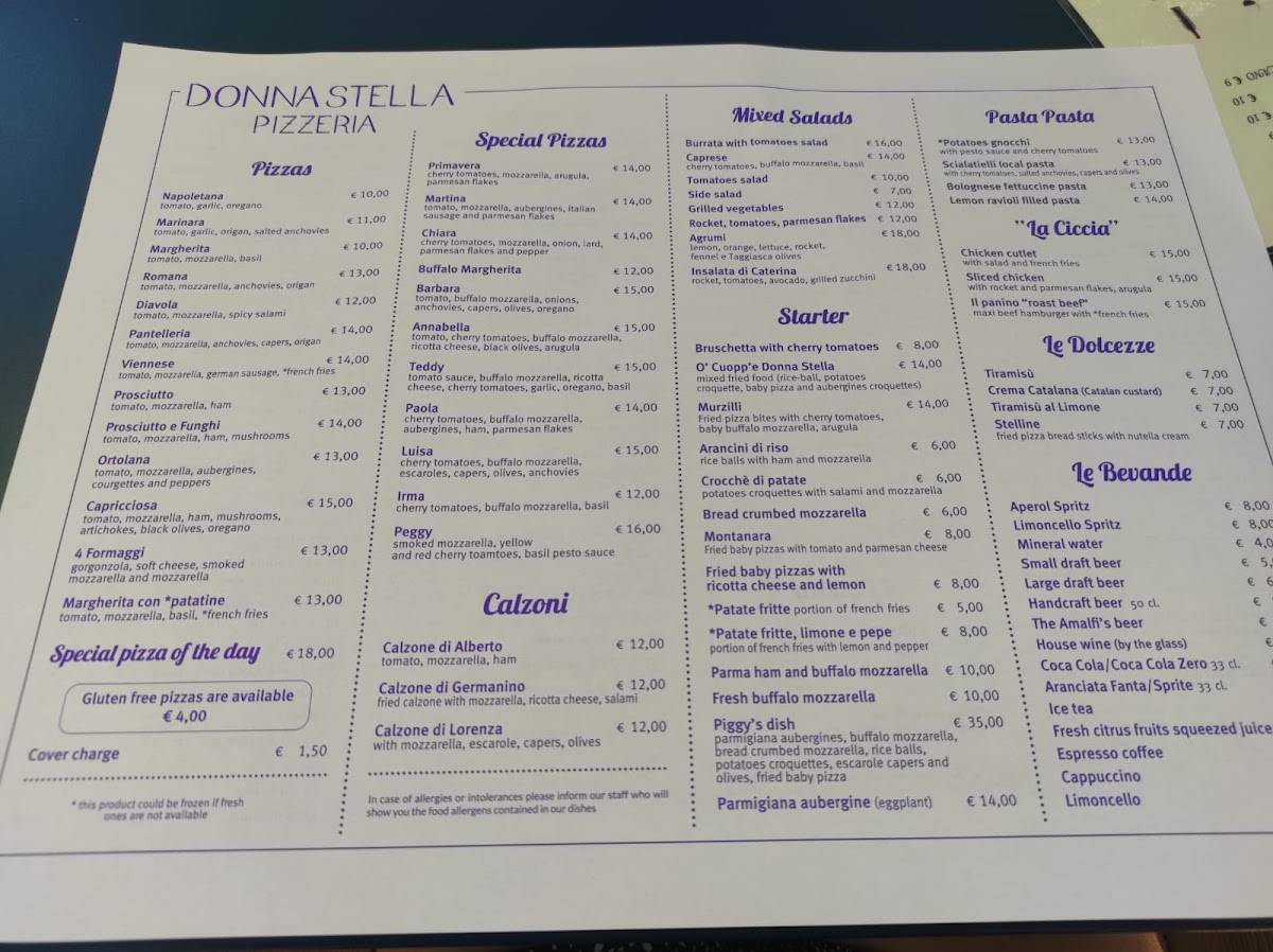 Menu at Pizzeria Donna Stella, Amalfi