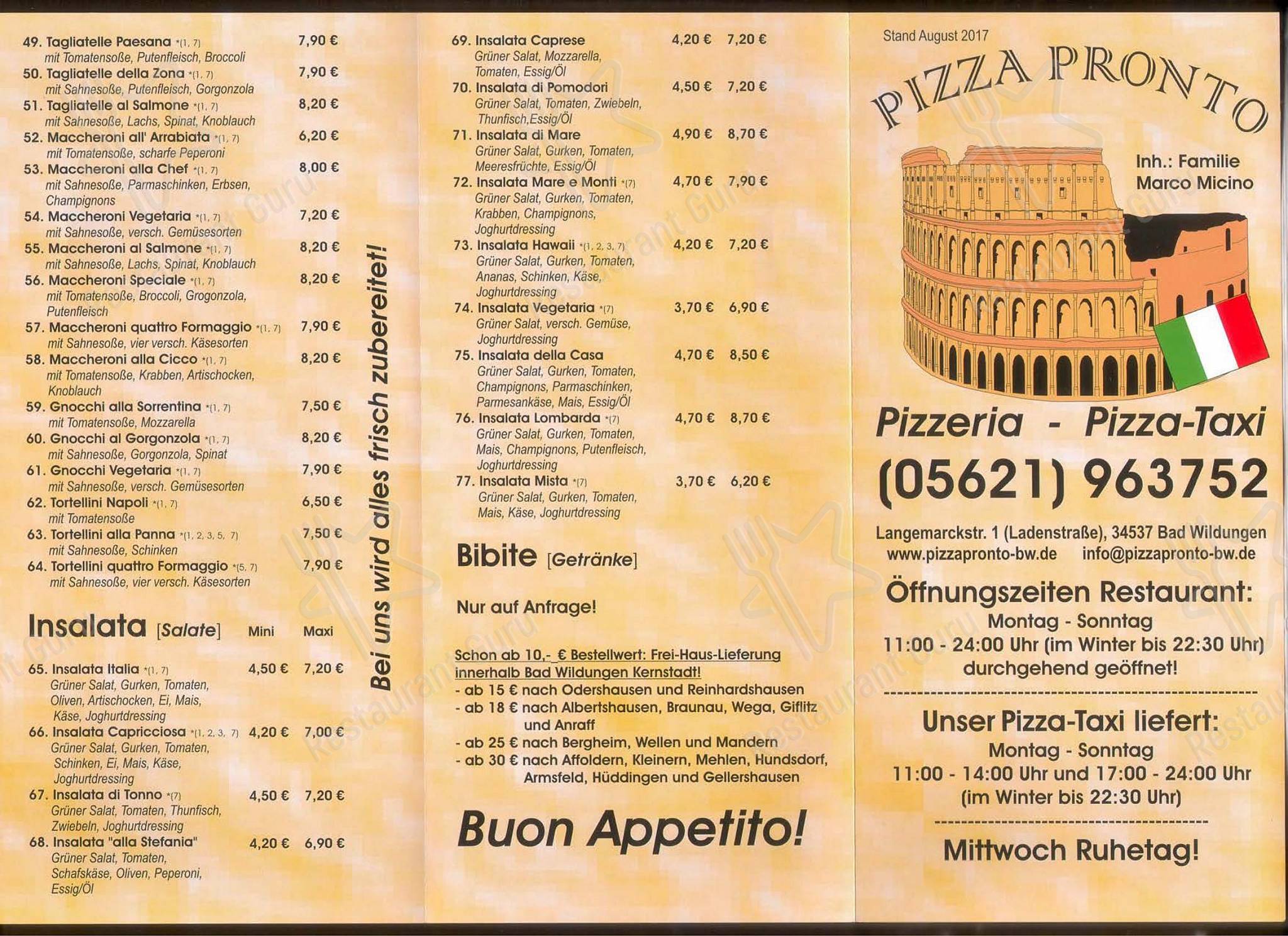 Speisekarte von Restaurant Pizzeria-Pronto, Bad Wildungen