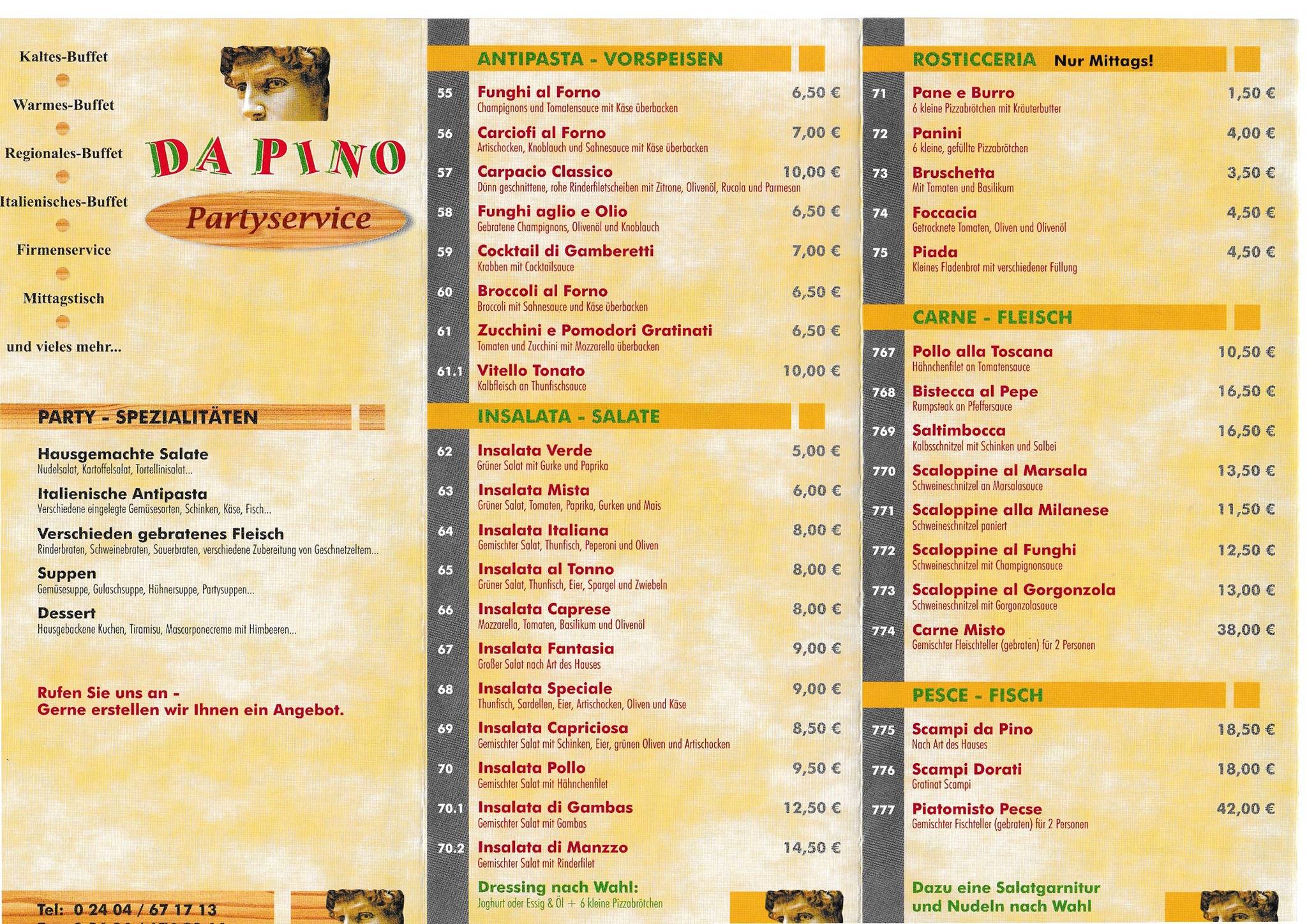 Speisekarte von Ristorante Pizzeria Da Pino, Alsdorf
