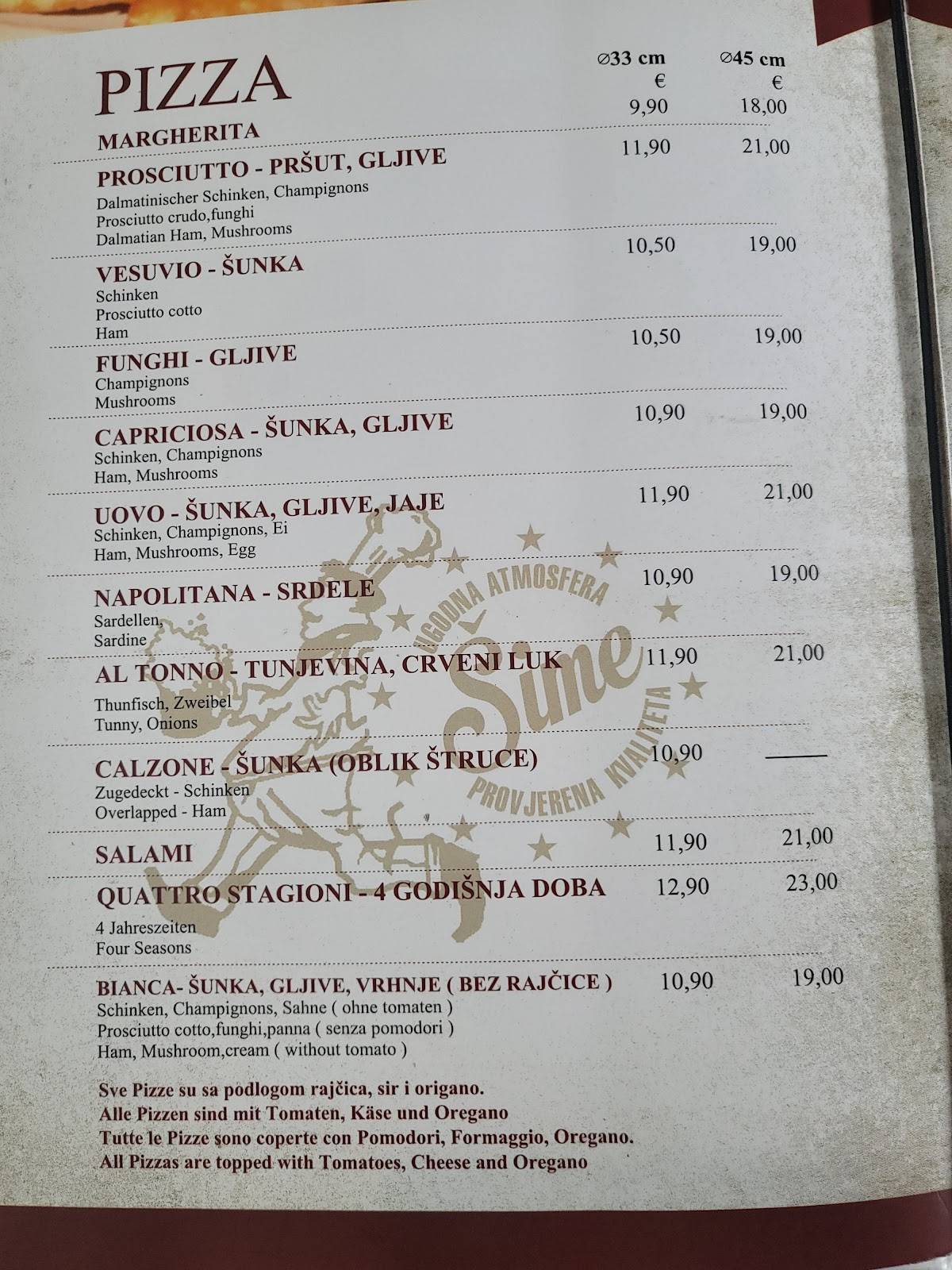 Menu au Pizzeria Šime, Zadar