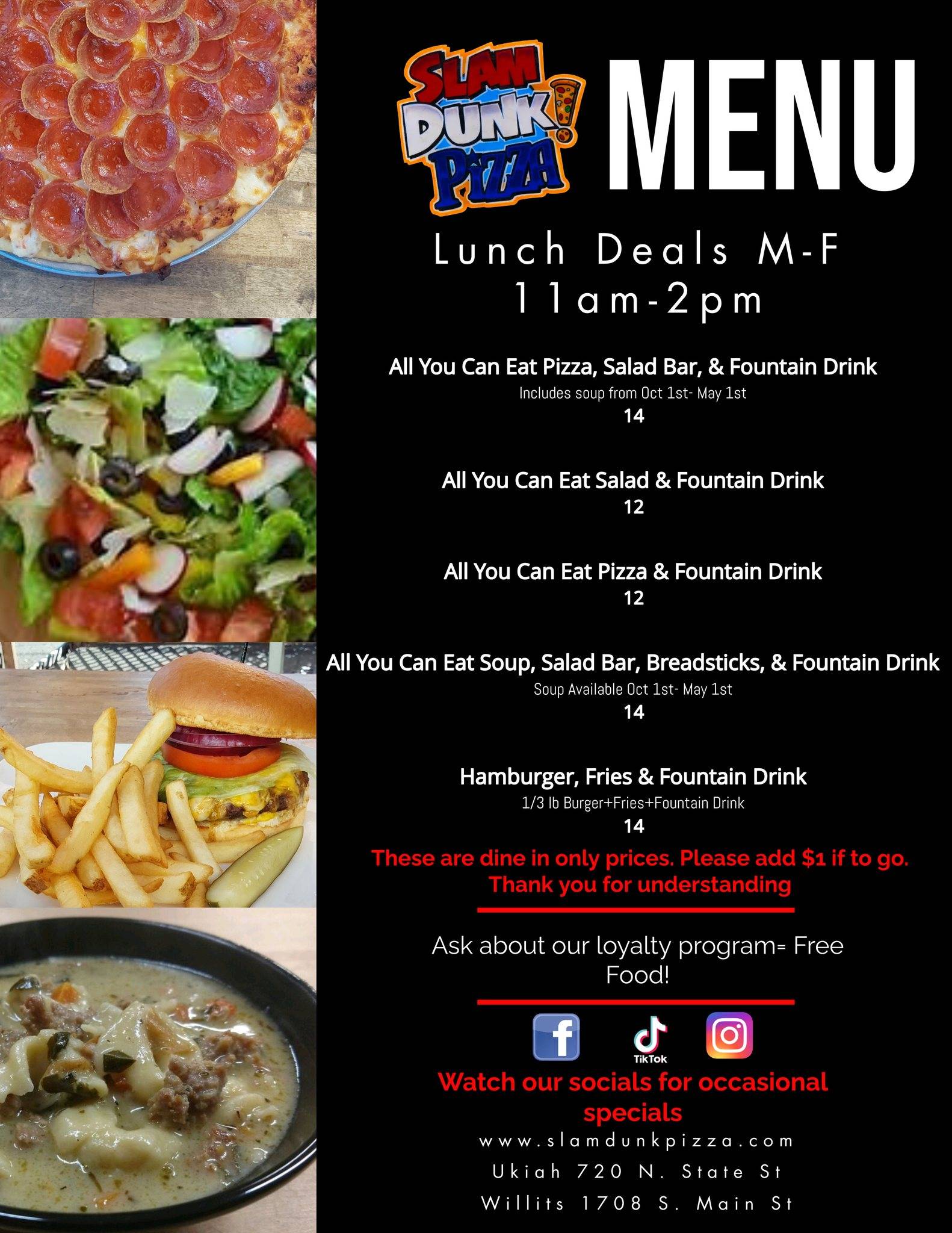 Menu at Slam Dunk Pizza pizzeria, Willits