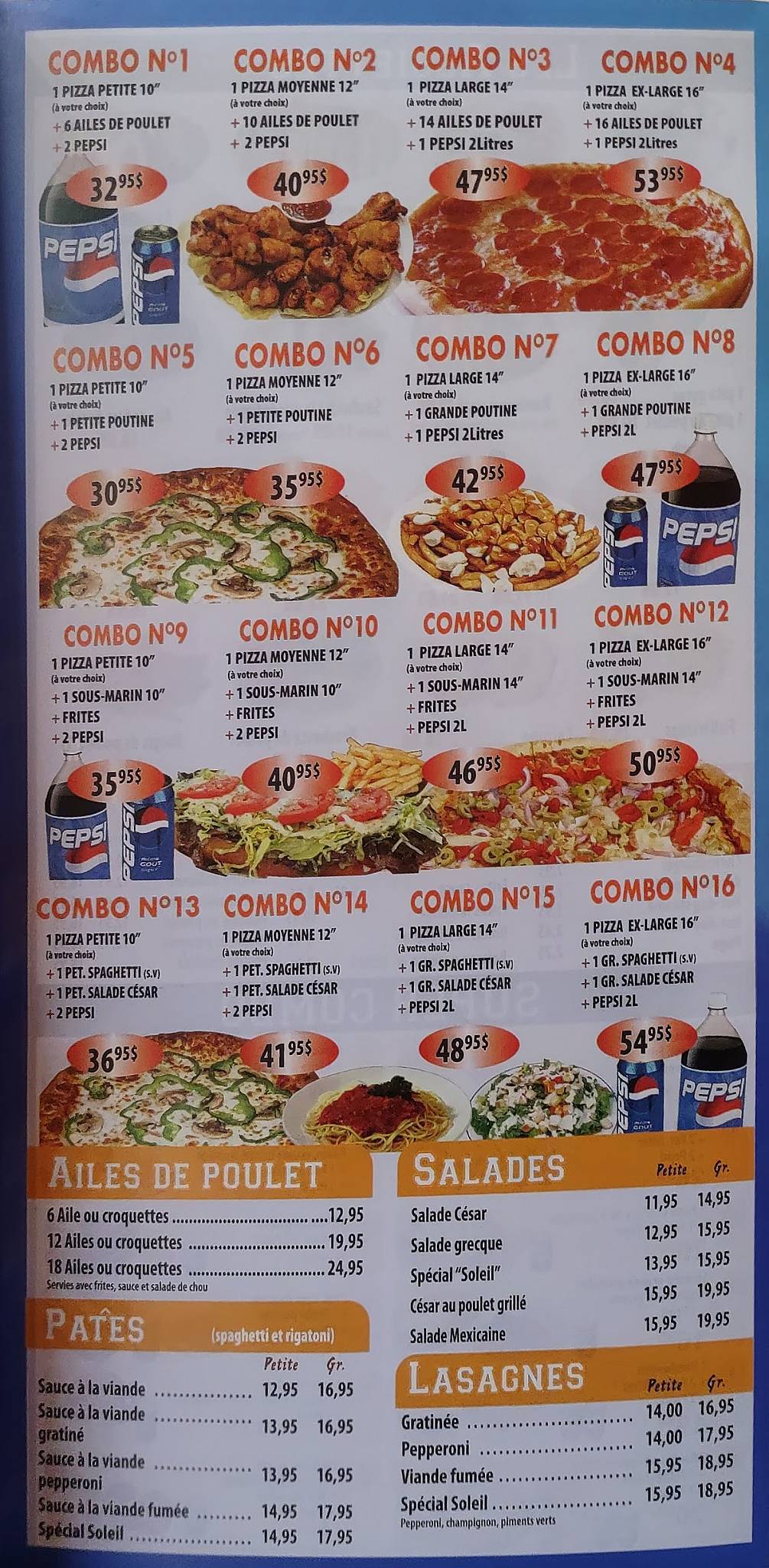 Menu au Pizzeria Soleil, Sainte-Marie