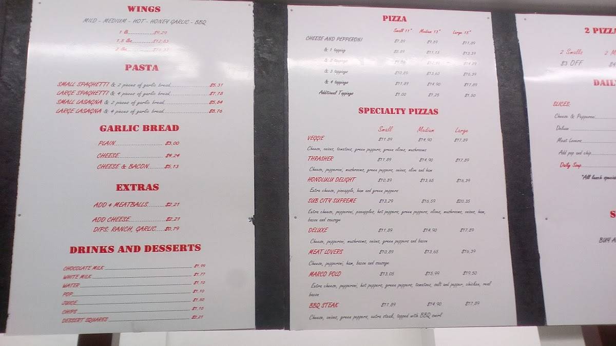 Menu at Sub World pizzeria, Sudbury