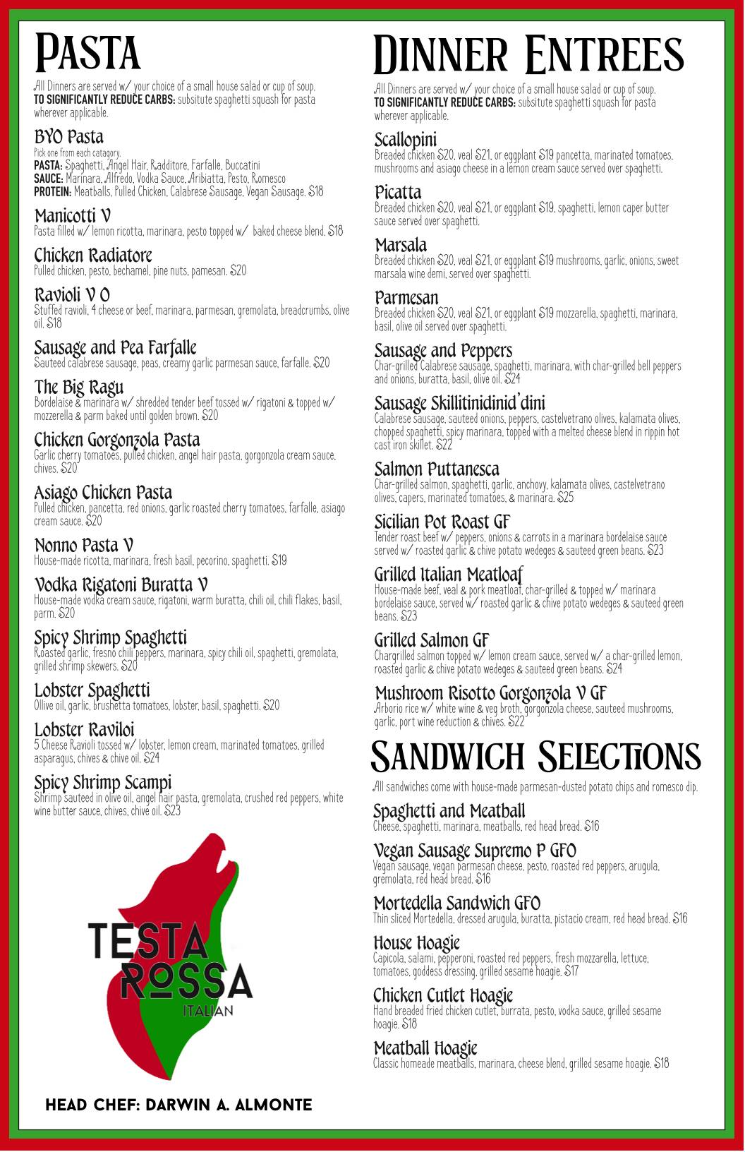 Menu at Testa Rossa Italian Ristorante pizzeria, Grand Rapids