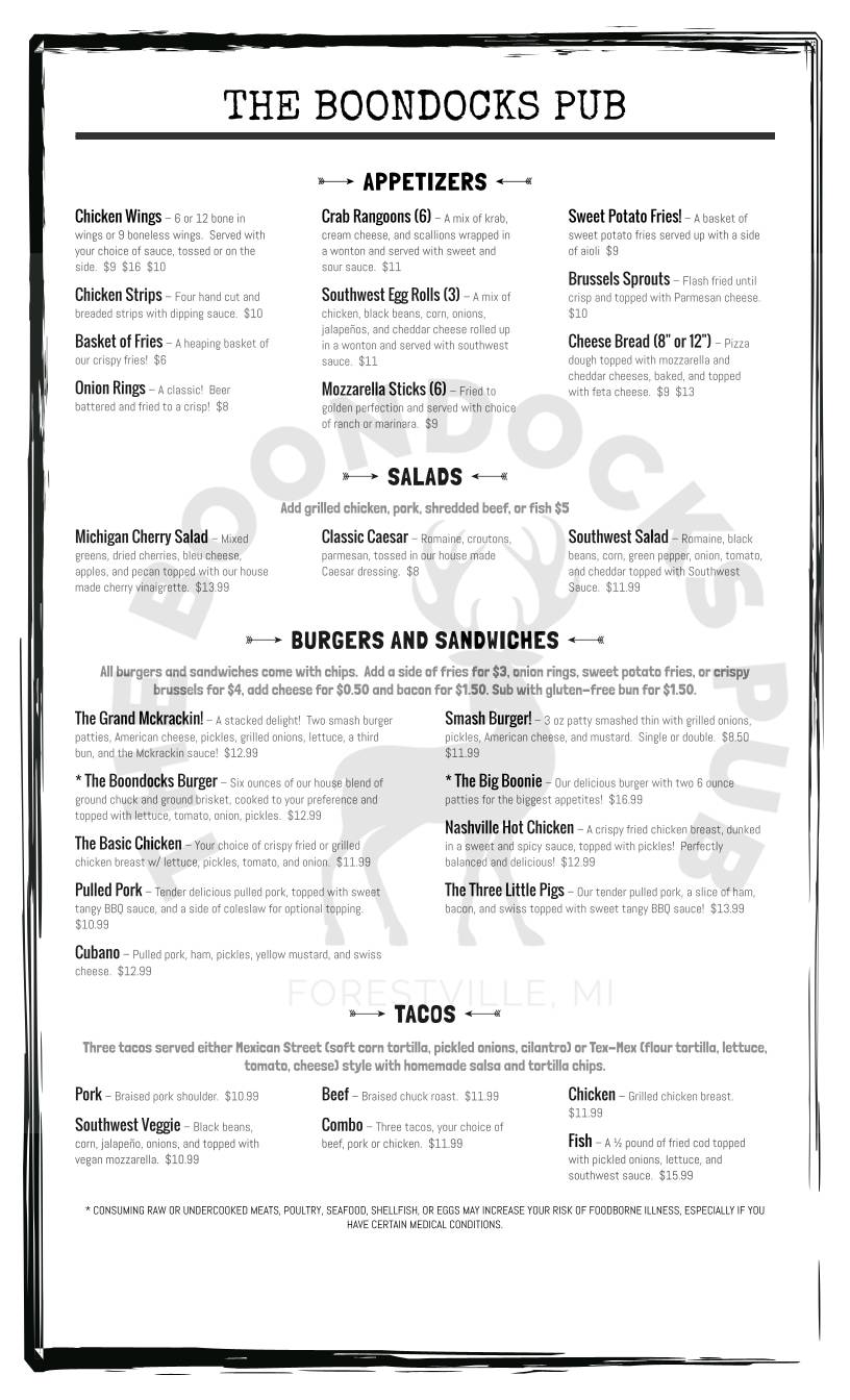 Menu at The Boondocks Pub, Forestville