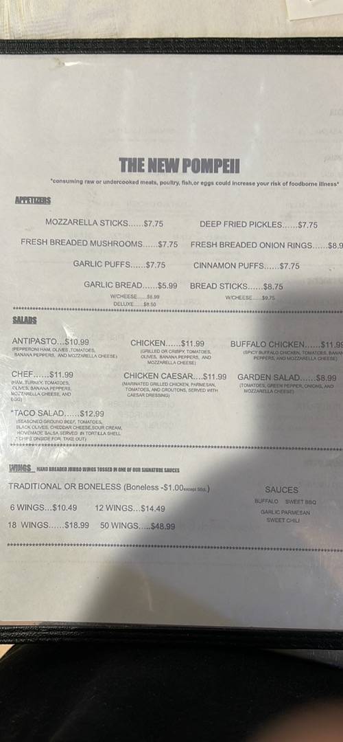 Menu at The New Pompeii pizzeria, Saginaw