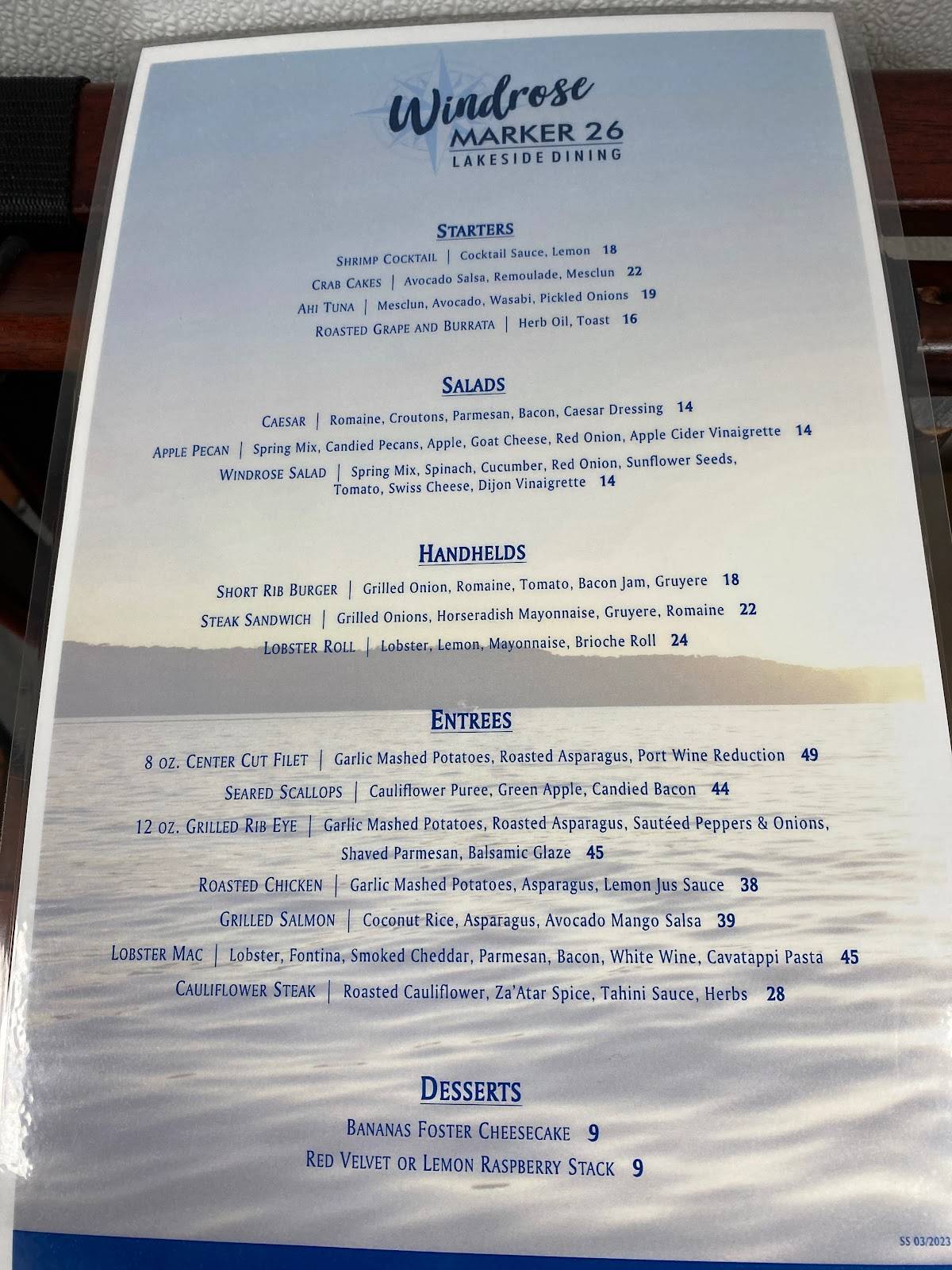Menu at Windrose Marker 26 Lakeside Dining steakhouse, Osage Beach