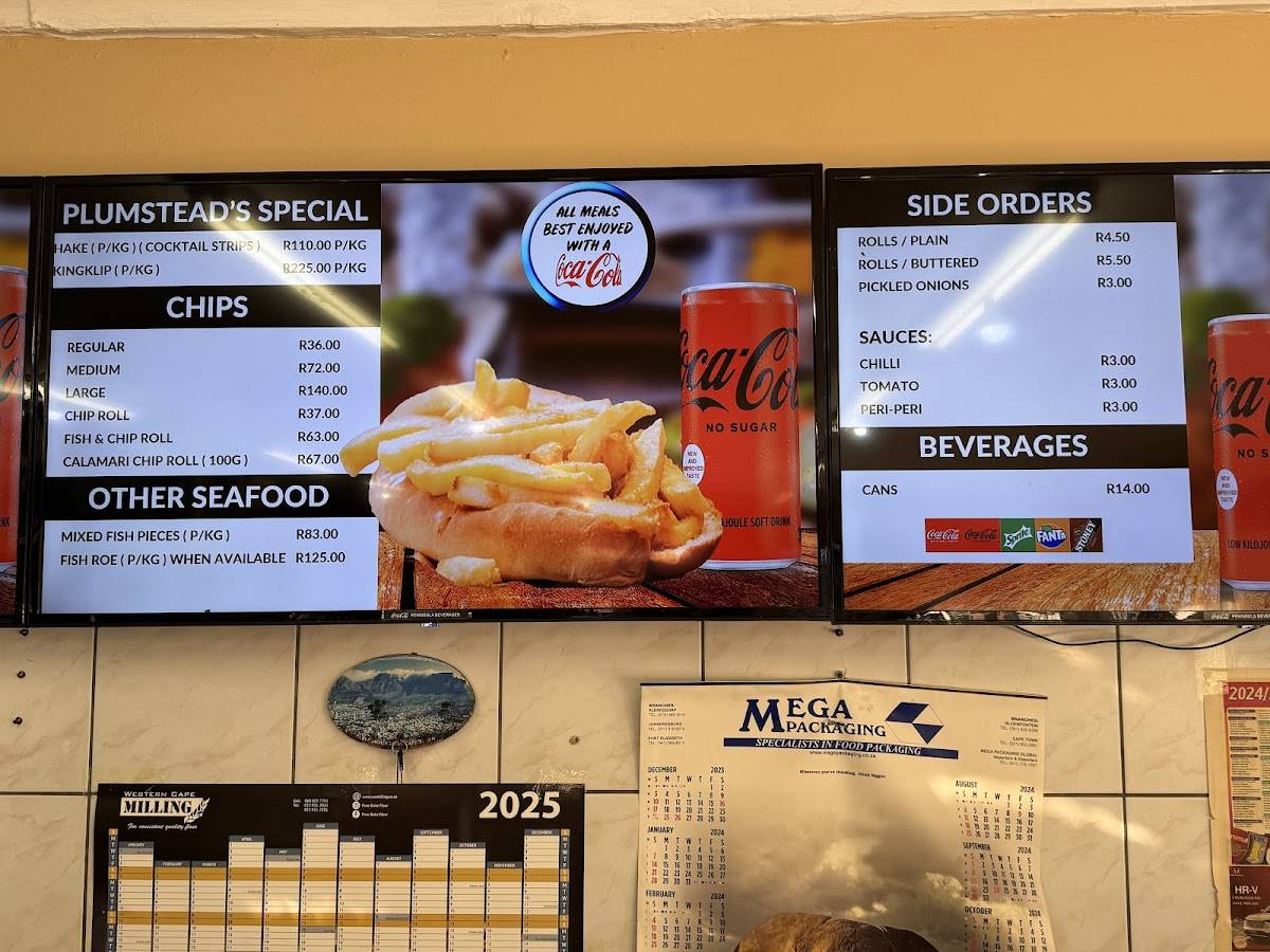 Menu at Plumstead Fisheries restaurant, Cape Town