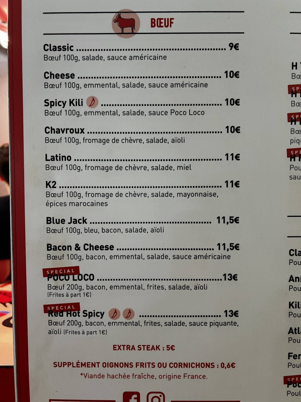 Menu at Burger ”Poco Loco” restaurant, Chamonix