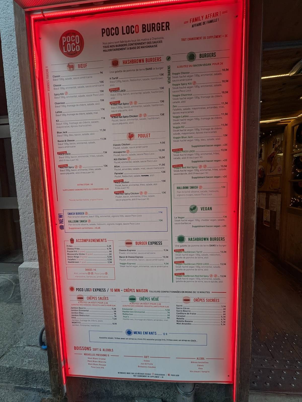 Menu at Burger ”Poco Loco” restaurant, Chamonix