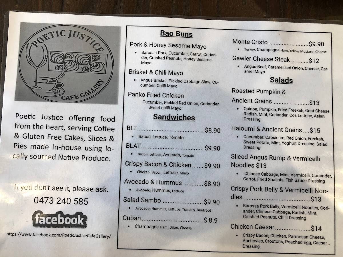 Menu at Poetic Justice Cafe Gallery, Gawler
