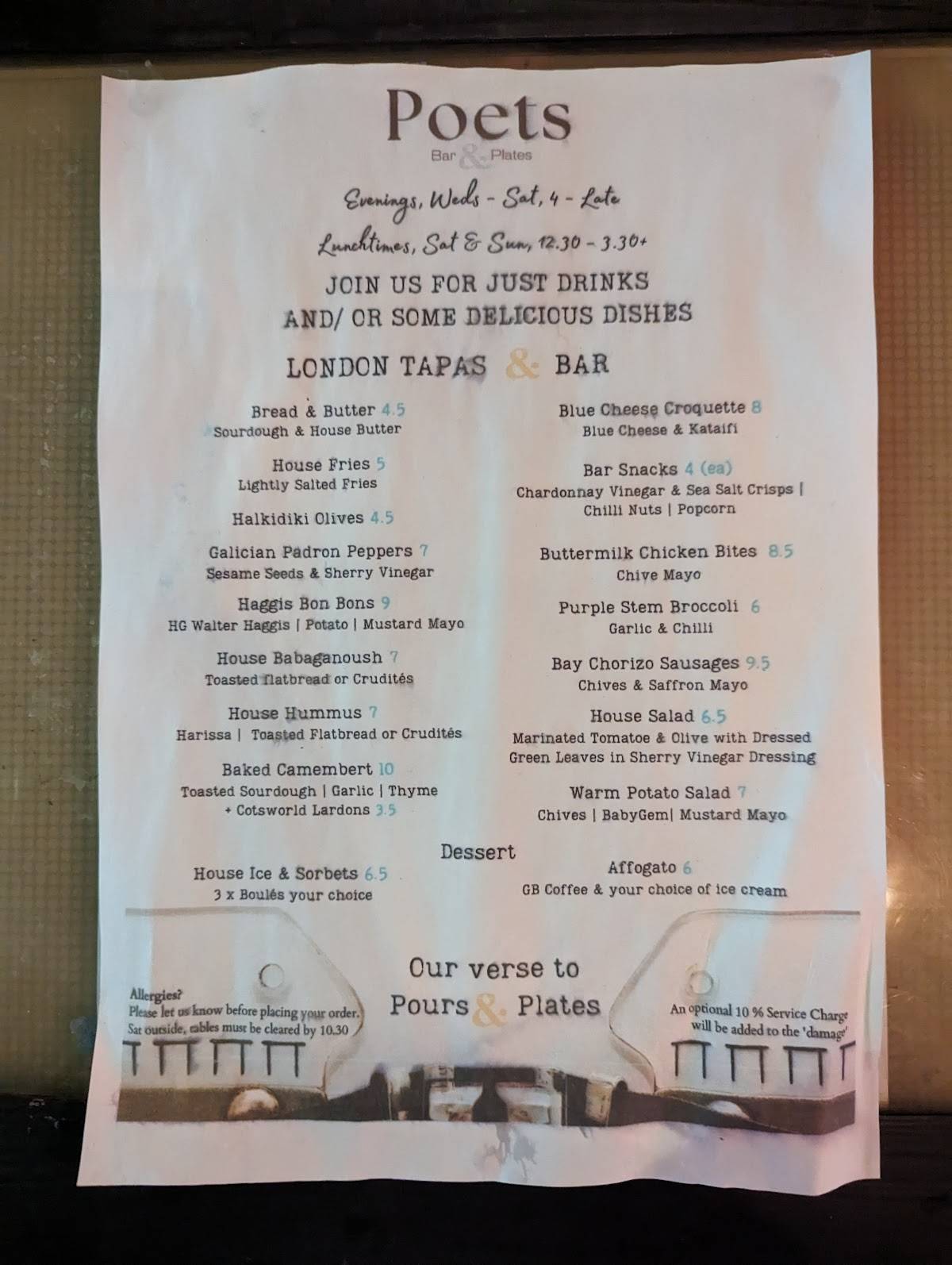 Menu at Poets cafe, London