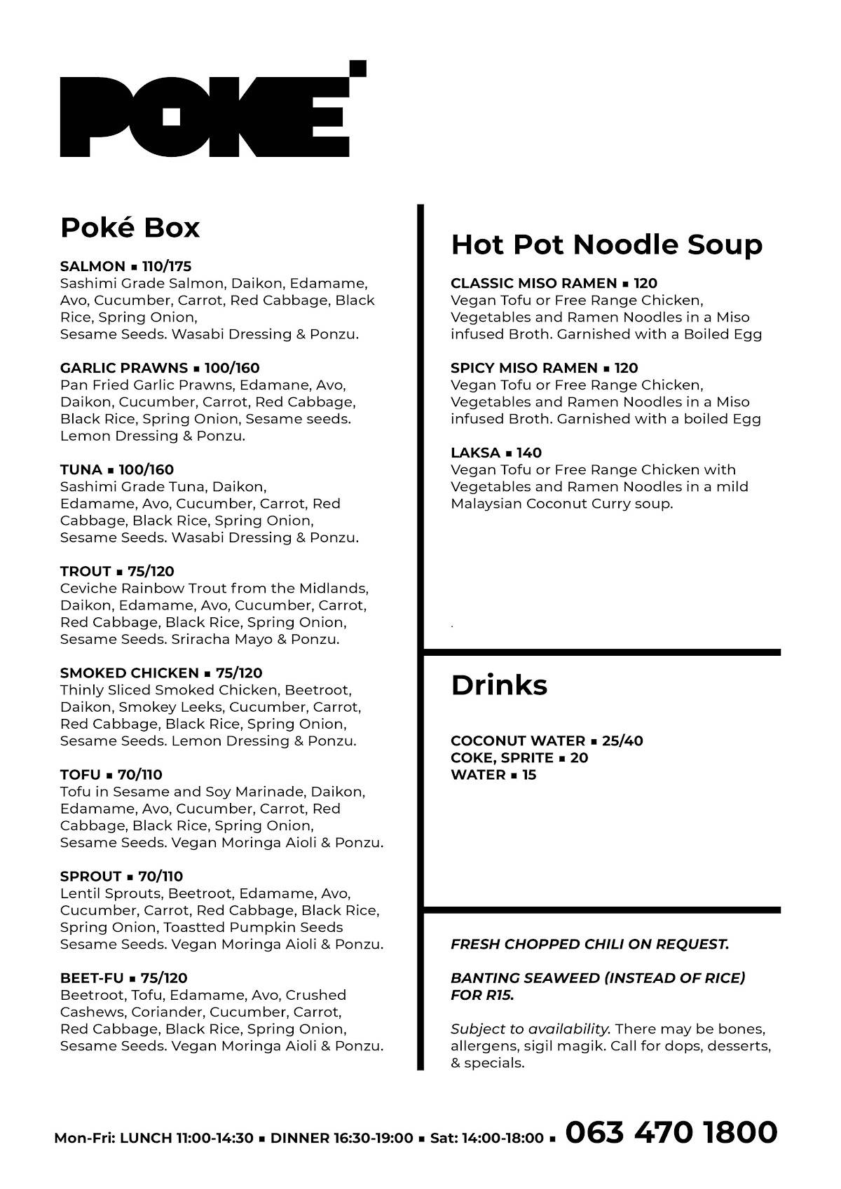 Menu au Poké Box restaurant, Durban