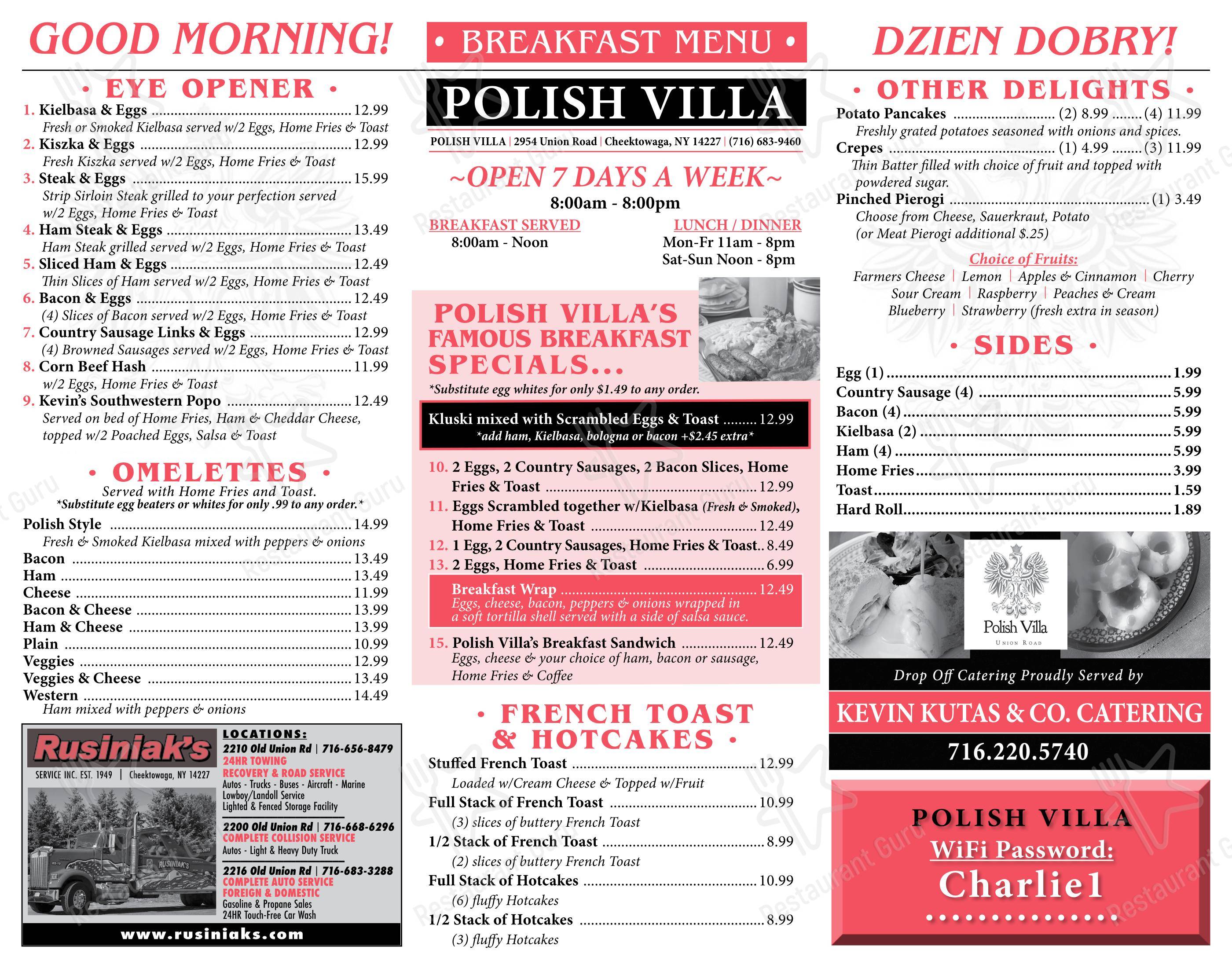 Menu at Polish Villa restaurant, Buffalo, Union Rd