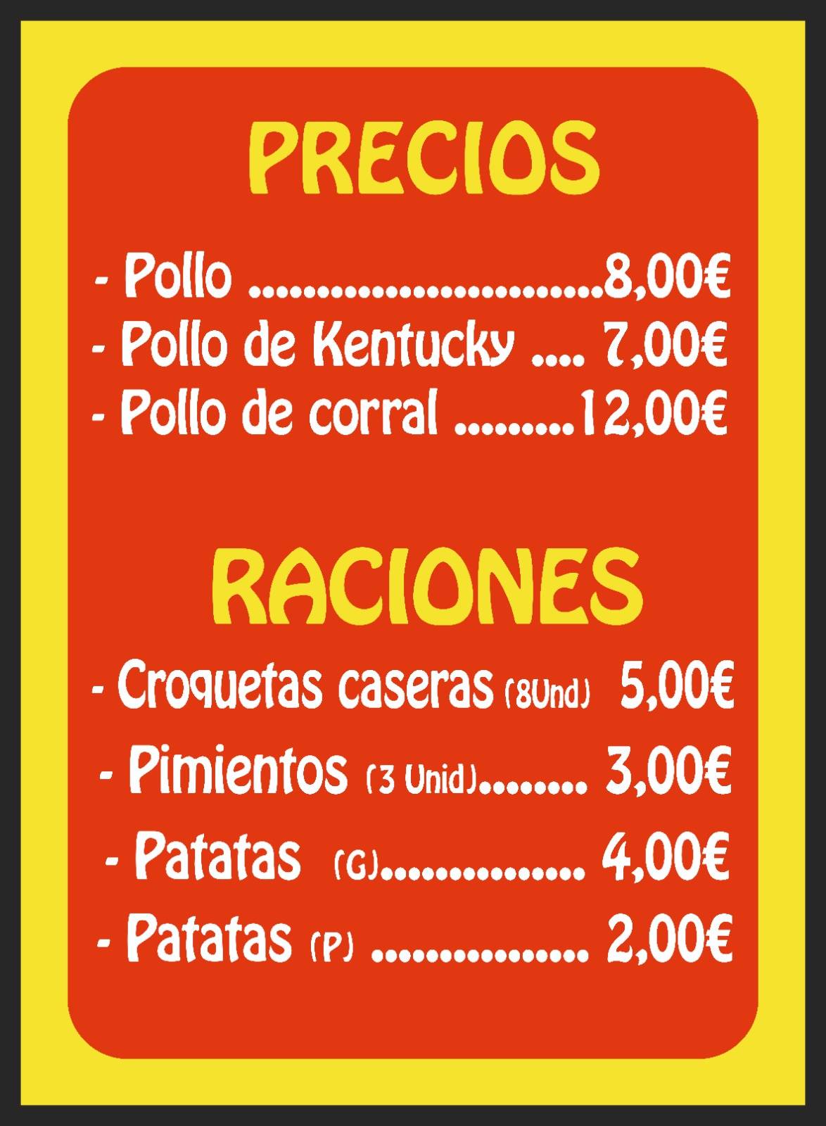 Carta de Pollos Asados Pimpollo el rey del pollo, Segovia