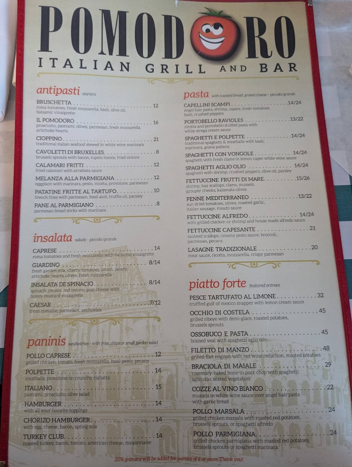 Menu at Pomodoro Italian Grill and Bar, Port Saint Joe