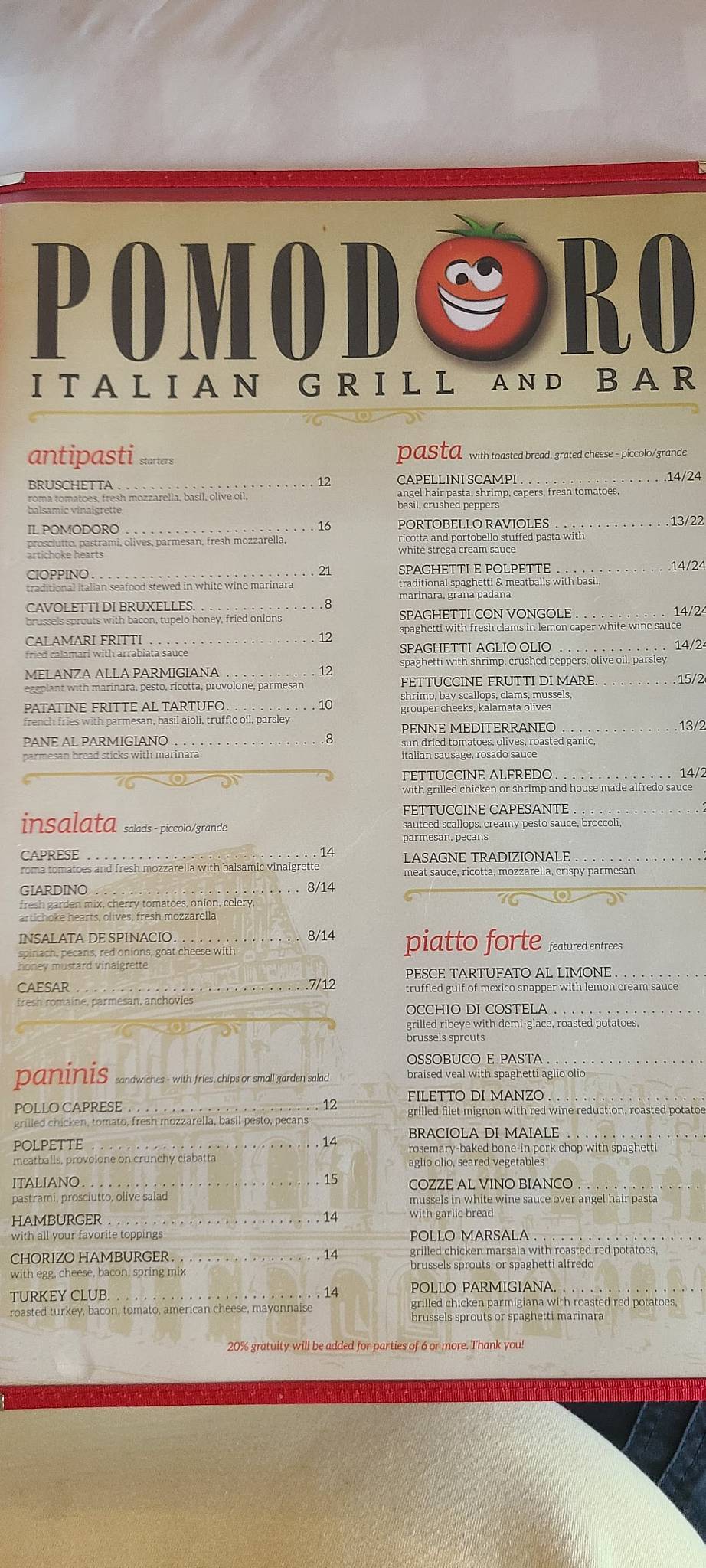Menu at Pomodoro Italian Grill and Bar, Port Saint Joe