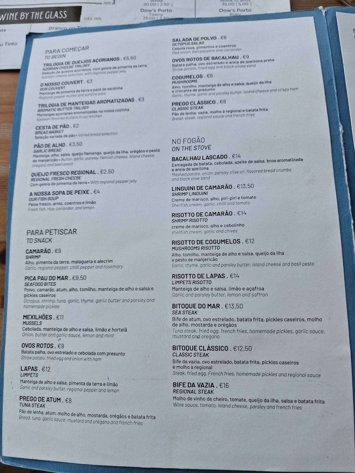 Menu at Cais da Sardinha pub & bar, Ponta Delgada