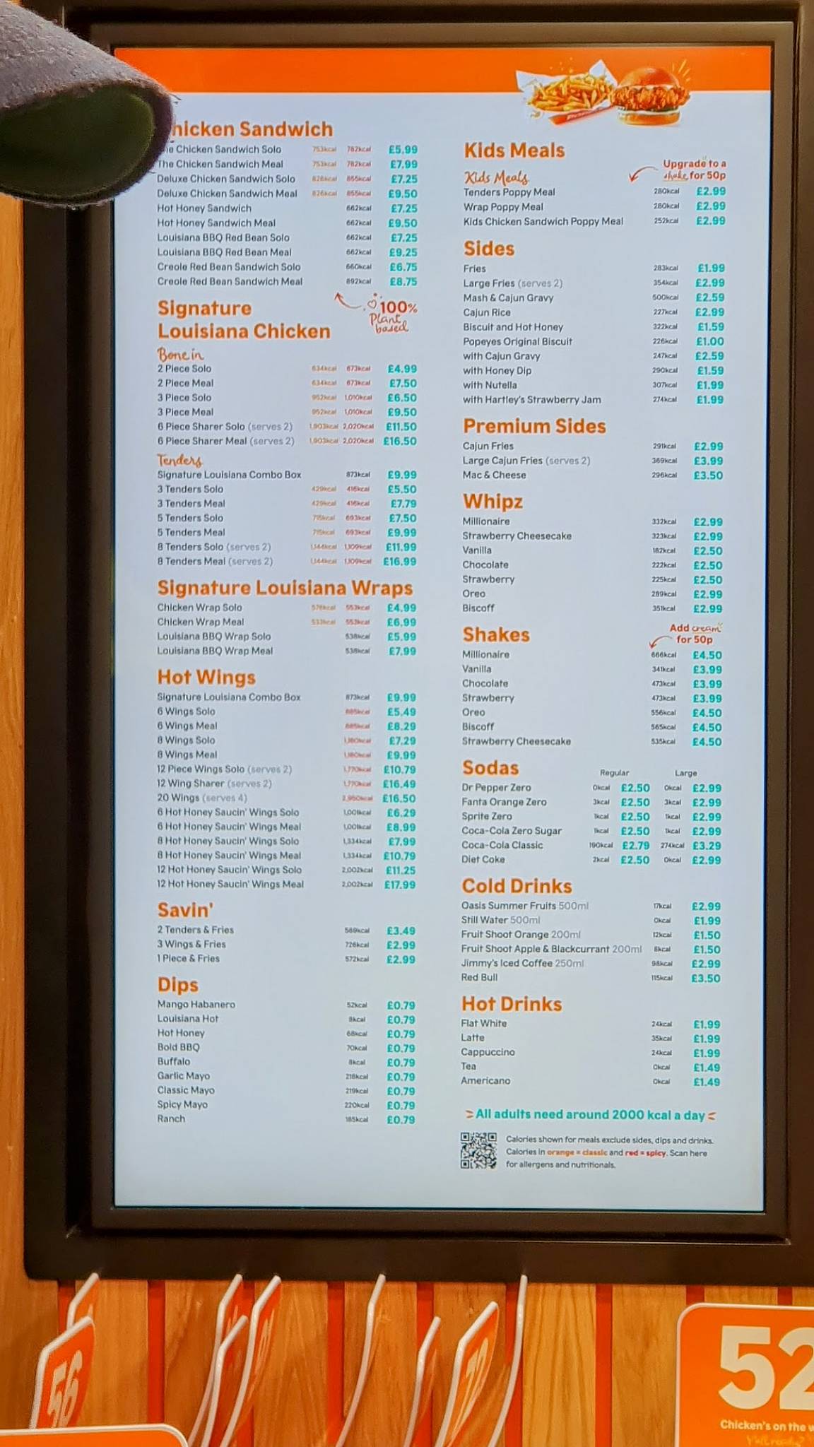 Menu at Popeyes Louisiana Chicken restaurant, Dartford