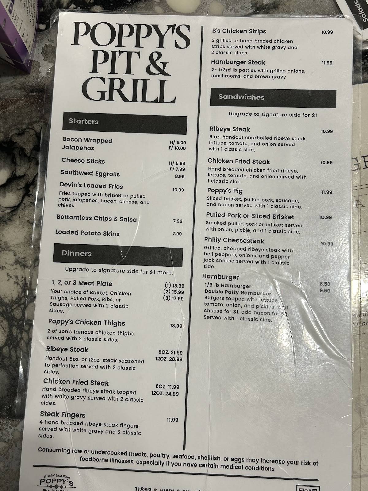 Menu at Poppy’s Pit & Grill restaurant, Elk City