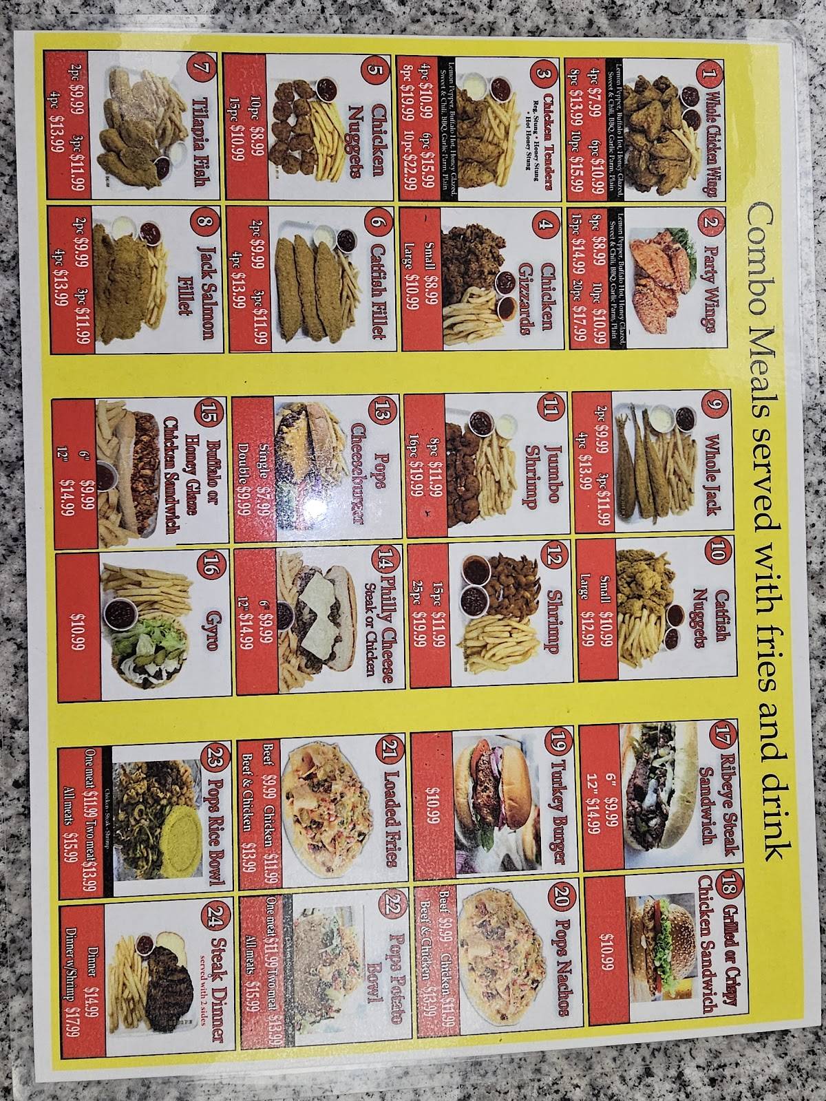 Menu at Pop's kitchen steakhouse, St. Louis, St Charles Rock Rd