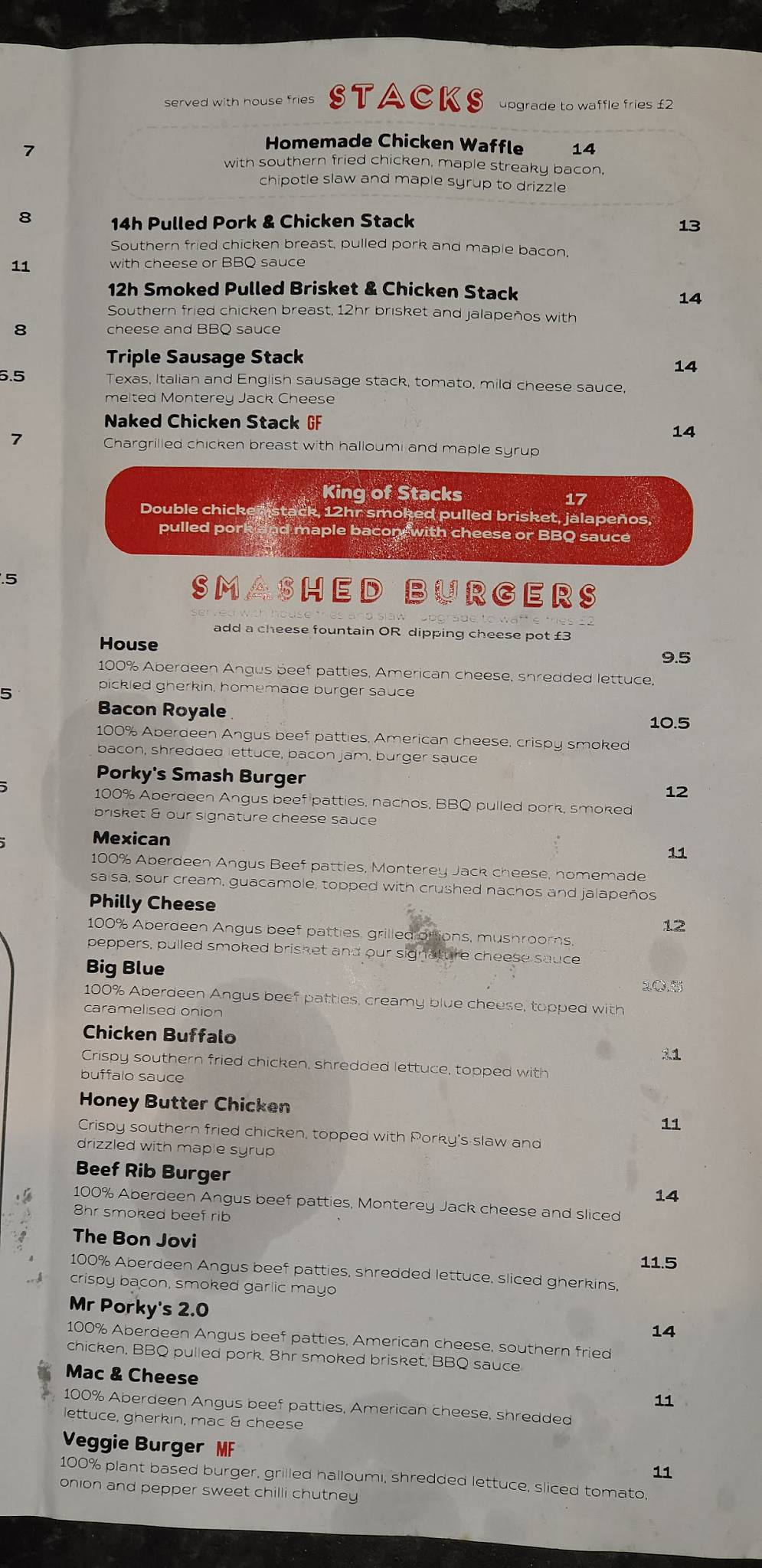 Menu at Porky's Restaurant, North Shields