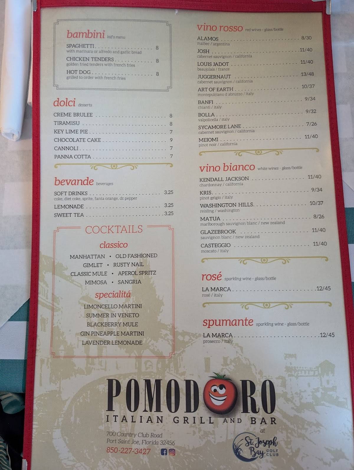 Menu at Pomodoro Italian Grill and Bar, Port Saint Joe