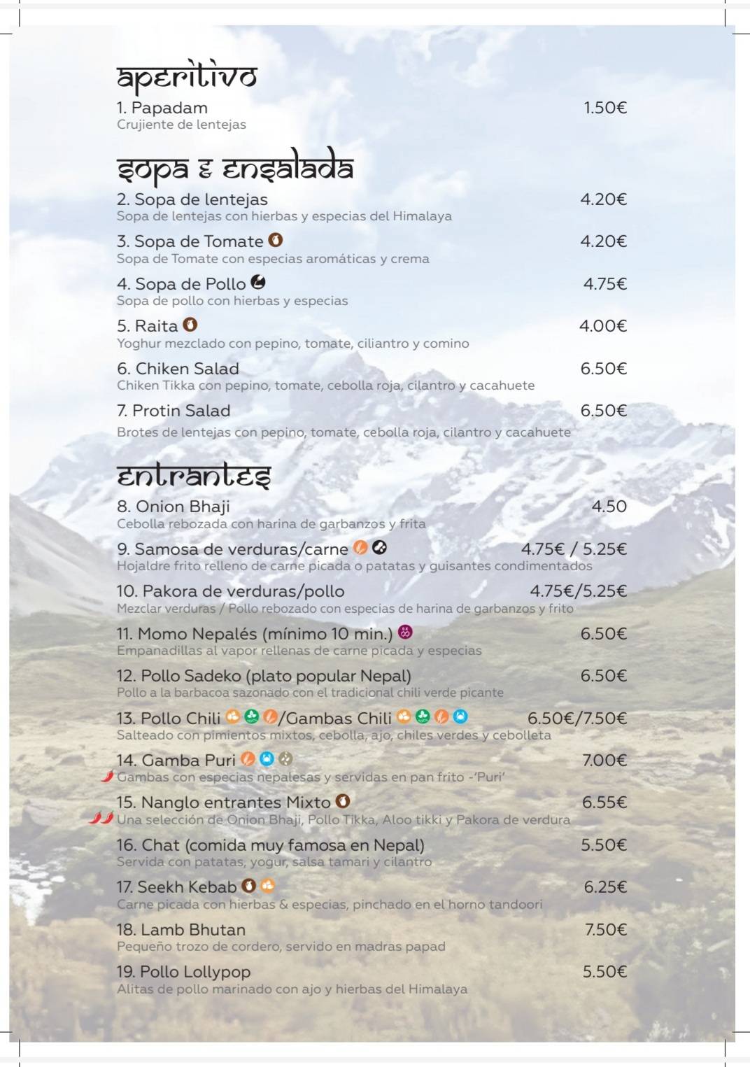 Menu at Nanglo Indian Nepalese restaurant, Port de Sagunt