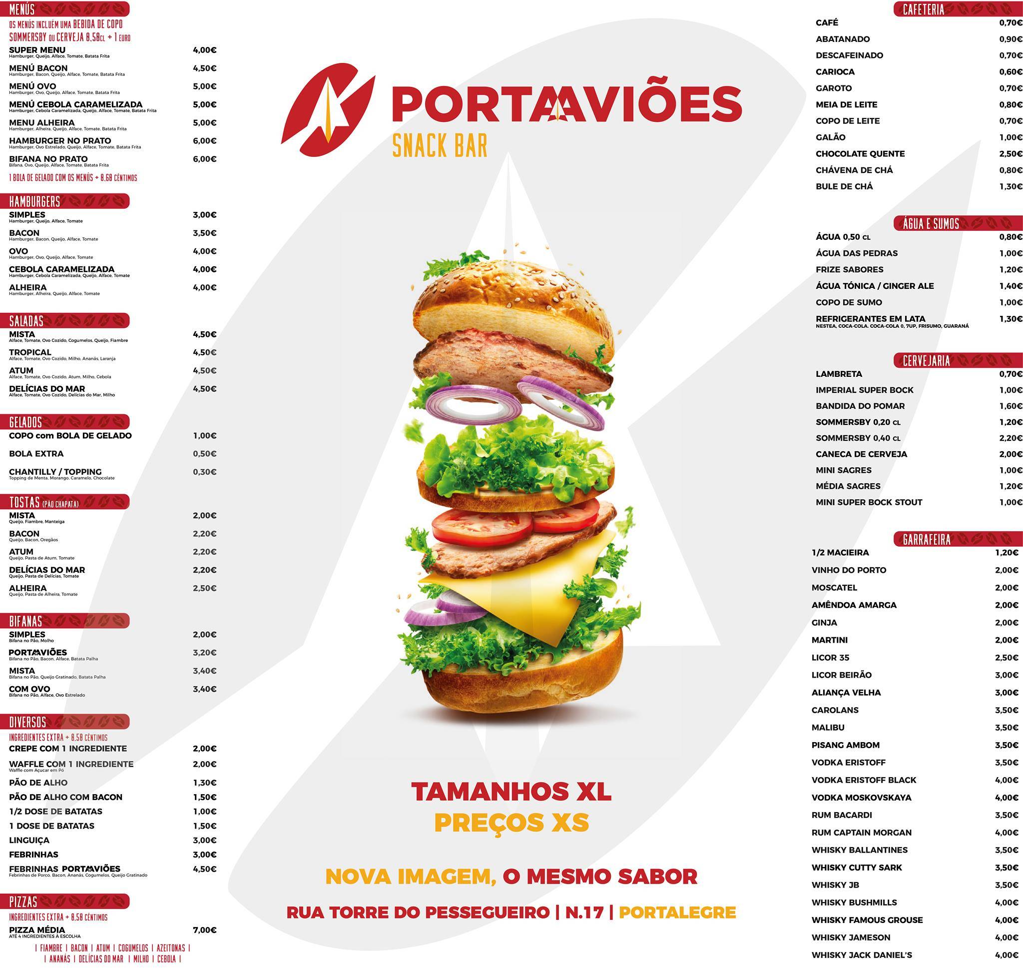 Menu em Porta aviões bar, Portalegre