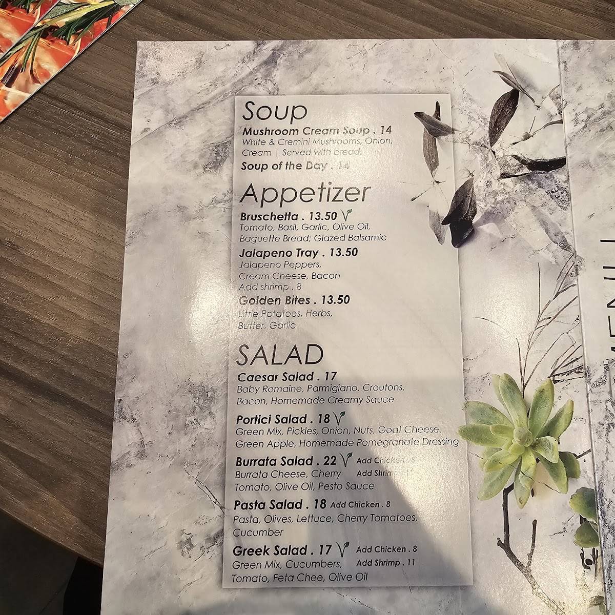 Menu at Portici cafe, Toronto