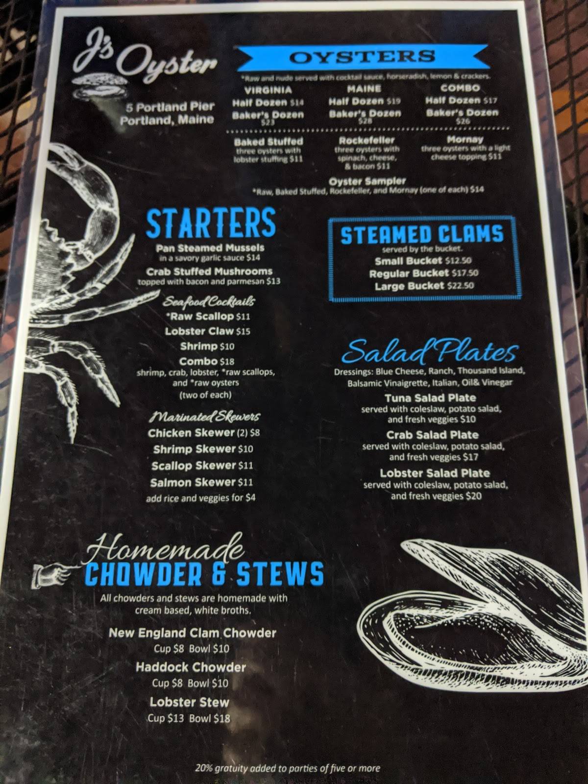 Menu at J’s Oyster restaurant, Portland