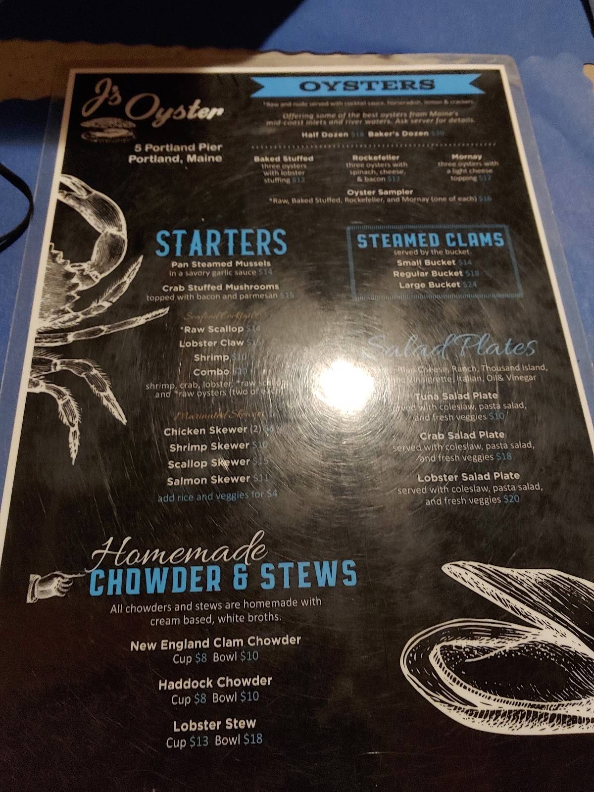 Menu at J’s Oyster restaurant, Portland