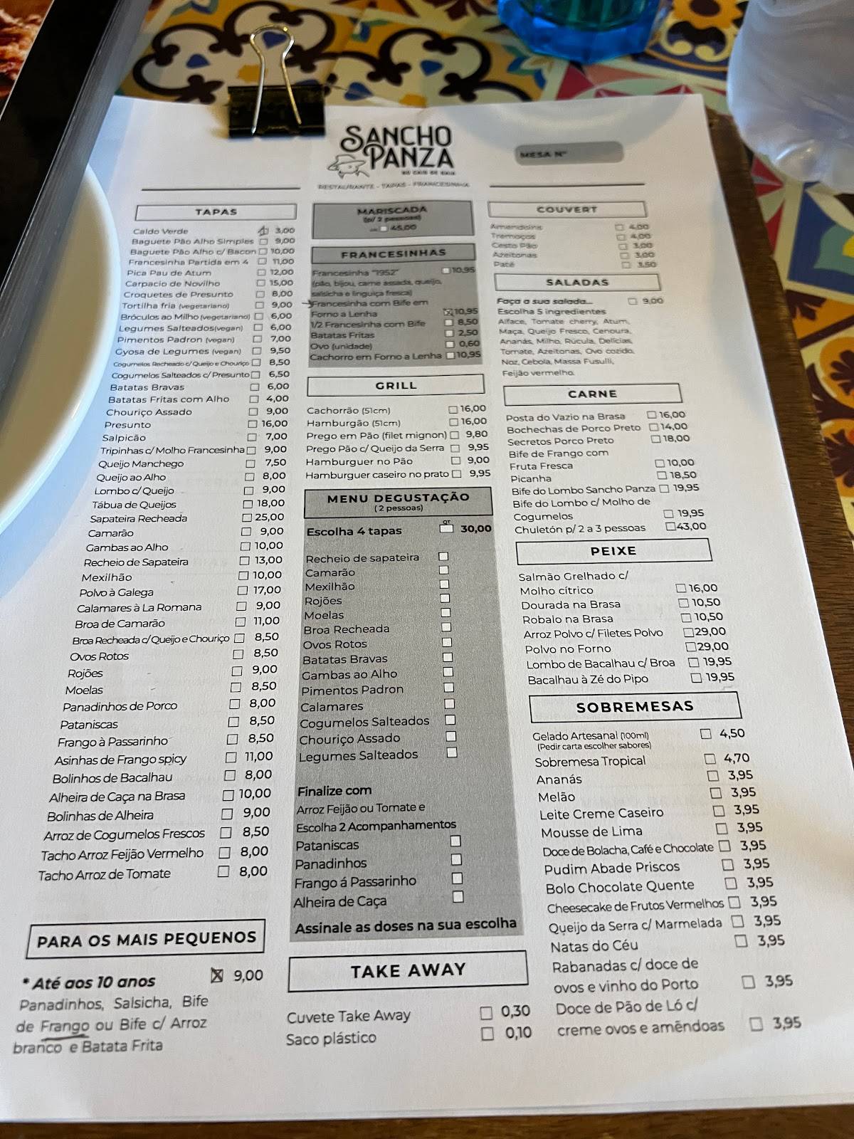 Menu em Sancho Panza...no Cais de Gaia restaurante, Vila Nova de Gaia