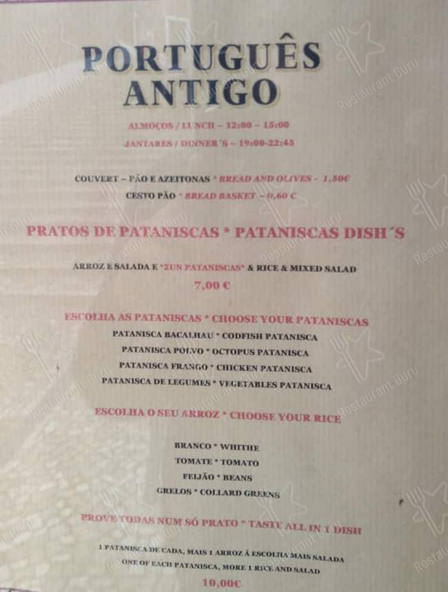 Menu at Português Antigo Café, Lisbon