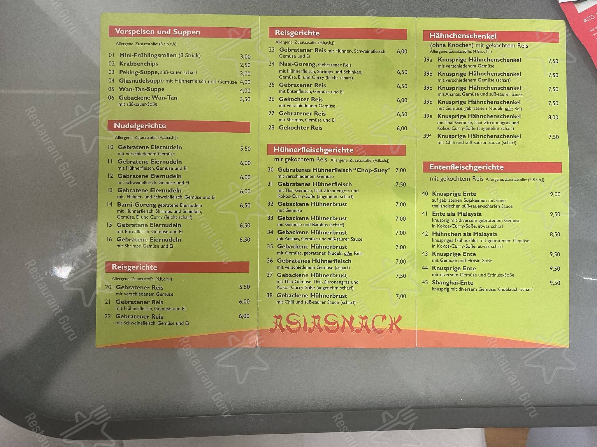 Speisekarte von Asia Snack restaurant, Pößneck