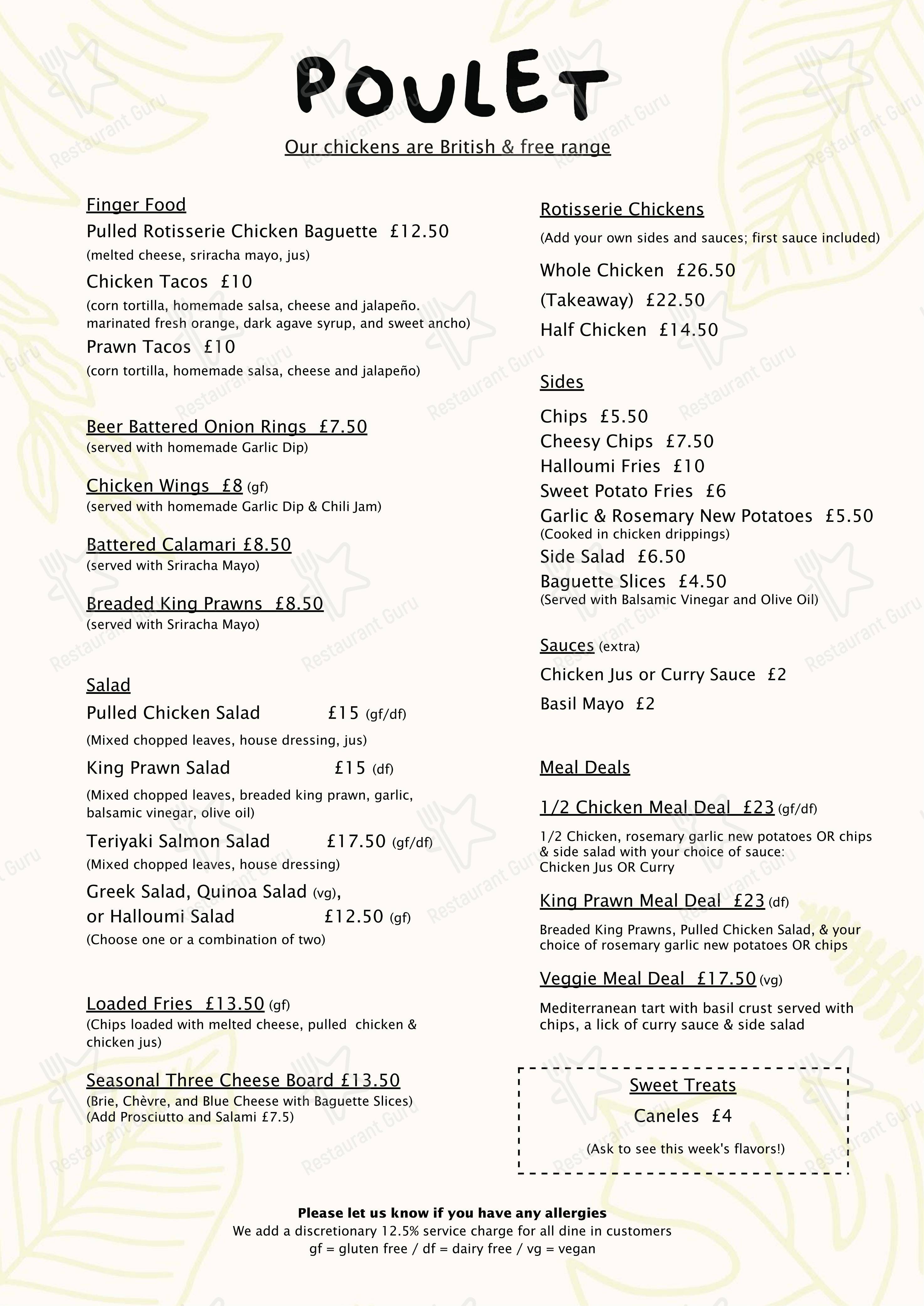 Menu at Poulet restaurant, London