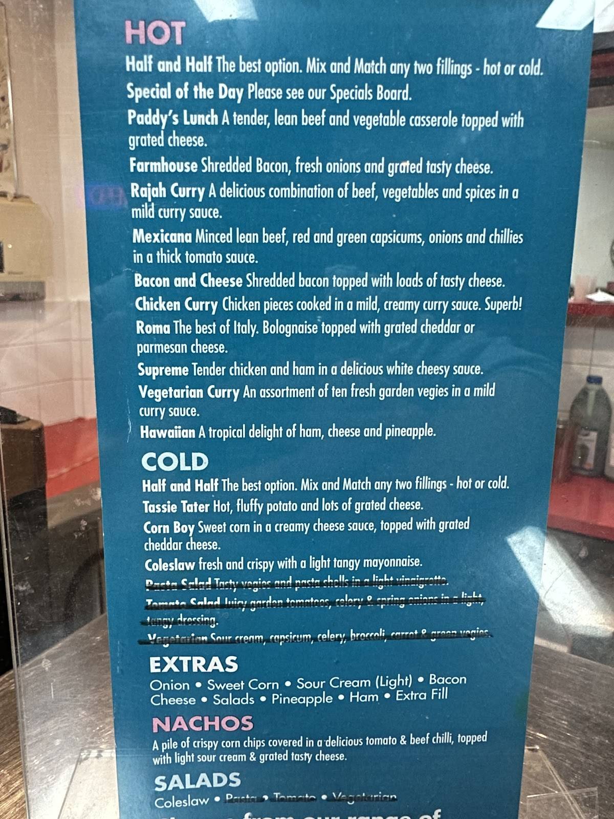 Menu at Praties fast food, Kings Meadows