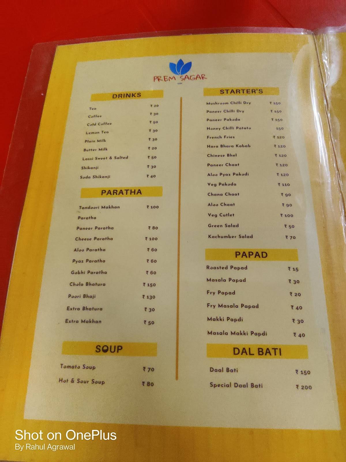Menu at Prem Sagar Dhaba & Restaurant, India, Prem Sagar Restaurant ...