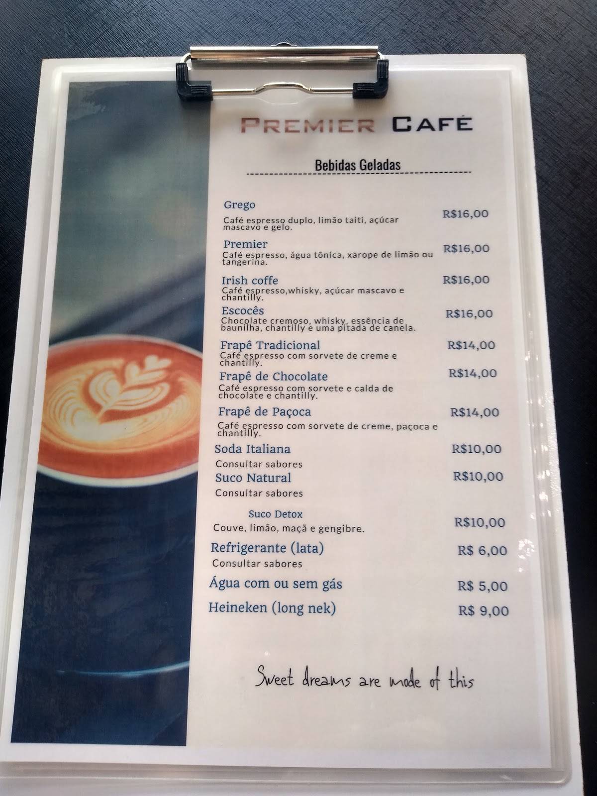 Menu at Premier Café, Brasília