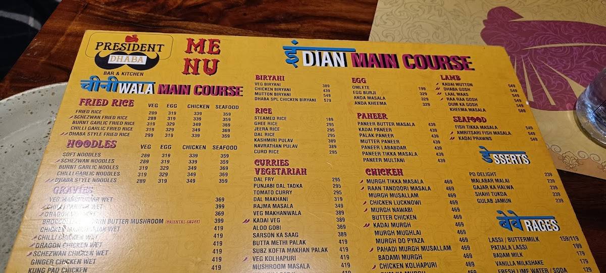 Menu at President Dhaba Bar And Kitchen, Hyderabad, 4th floor