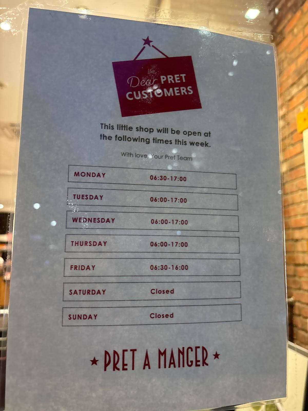 Menu at Pret A Manger restaurant, Birmingham, 22-24 Colmore Row