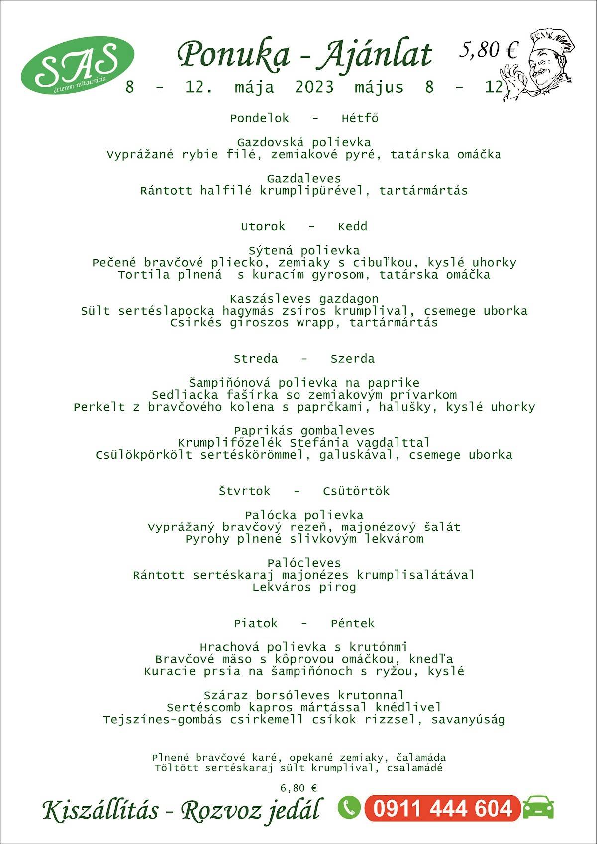 Menu at SAS reštaurácia restaurant, Pribeta