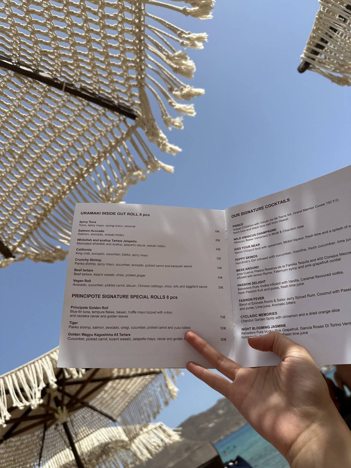Menu at Principote Mykonos, Mikonos
