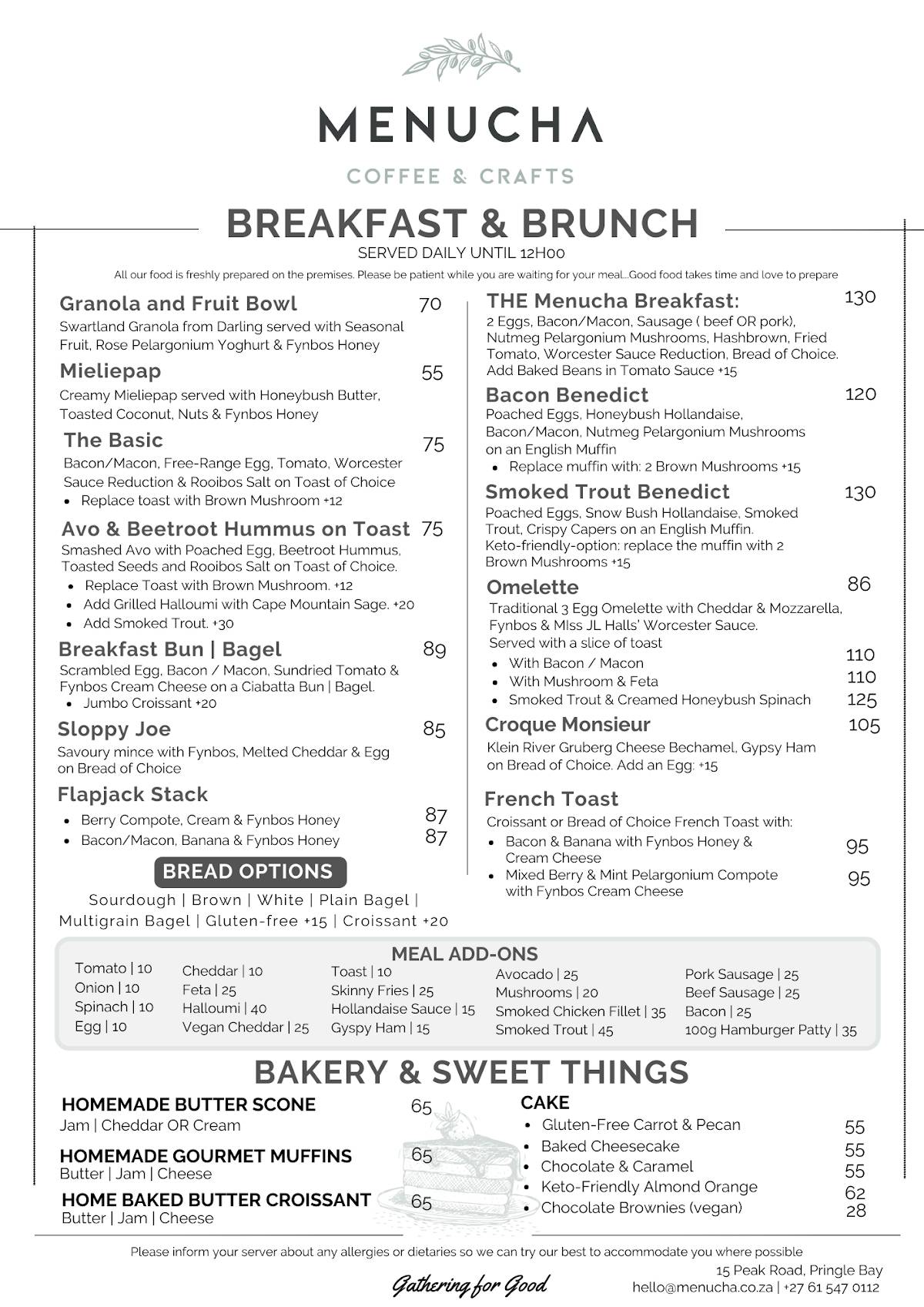 Menu at Menucha Coffee and Crafts restaurant, Pringle Bay